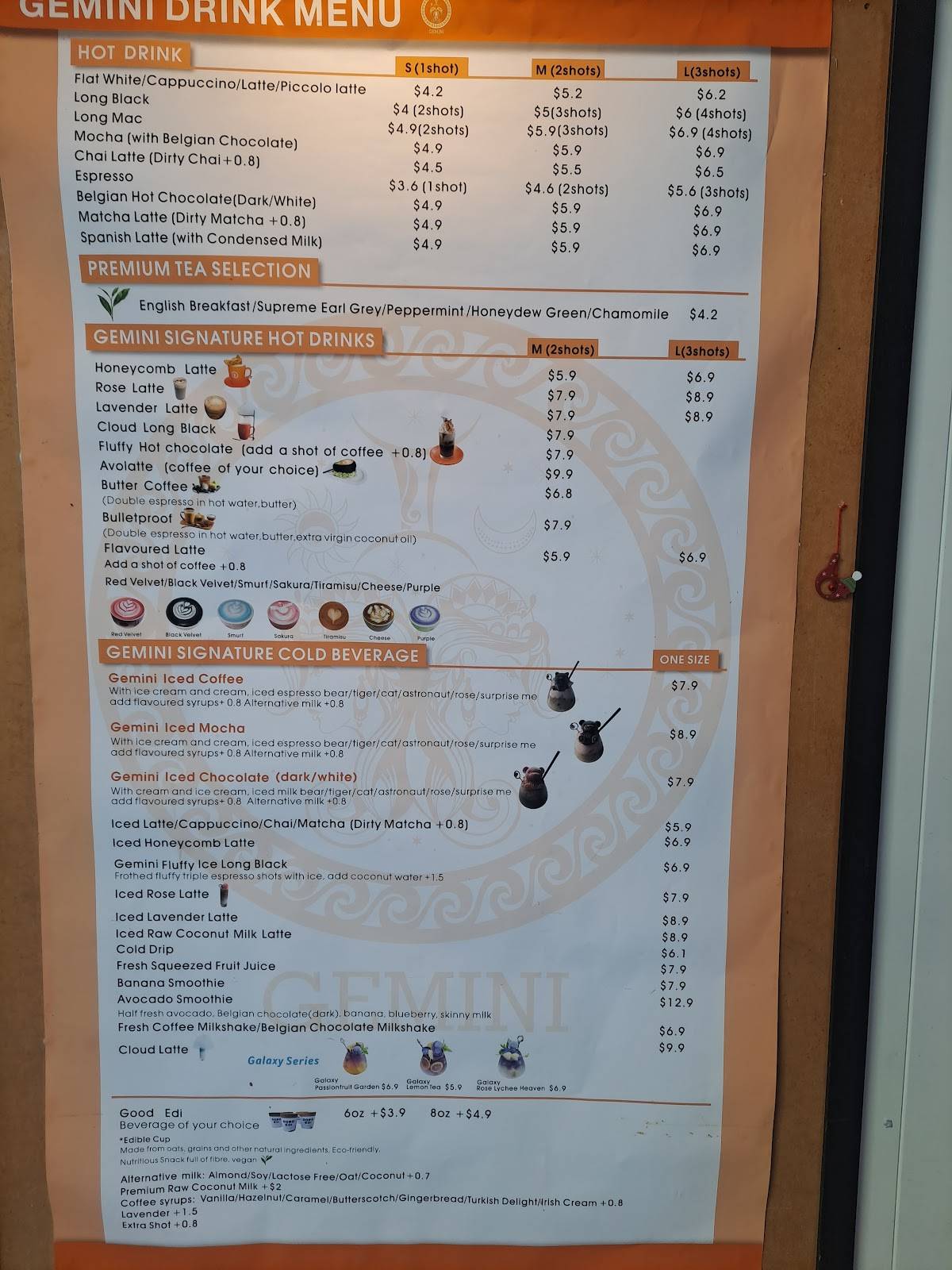 Menu at Gemini cafe, Perth