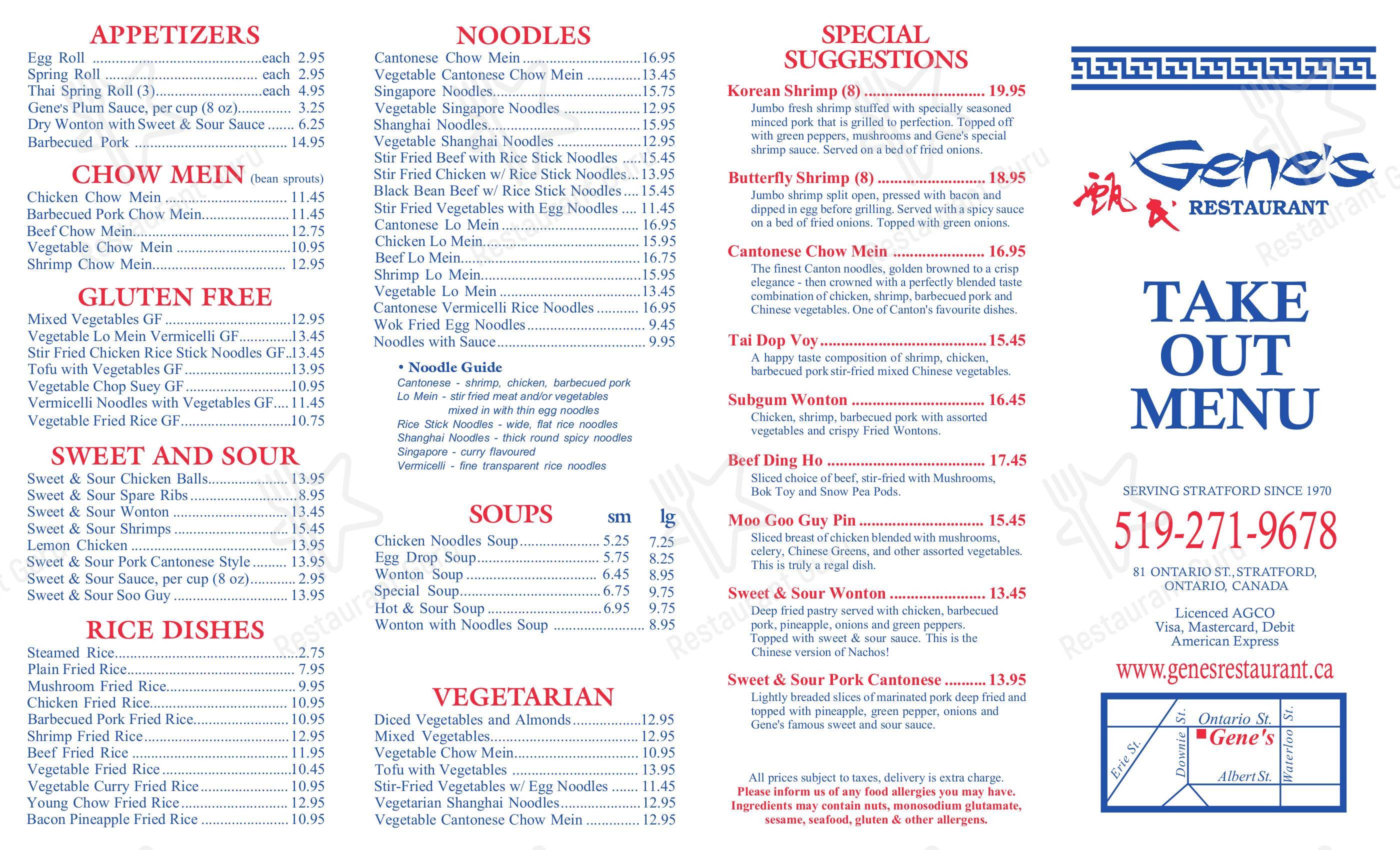 Menu at Gene's Restaurant, Stratford