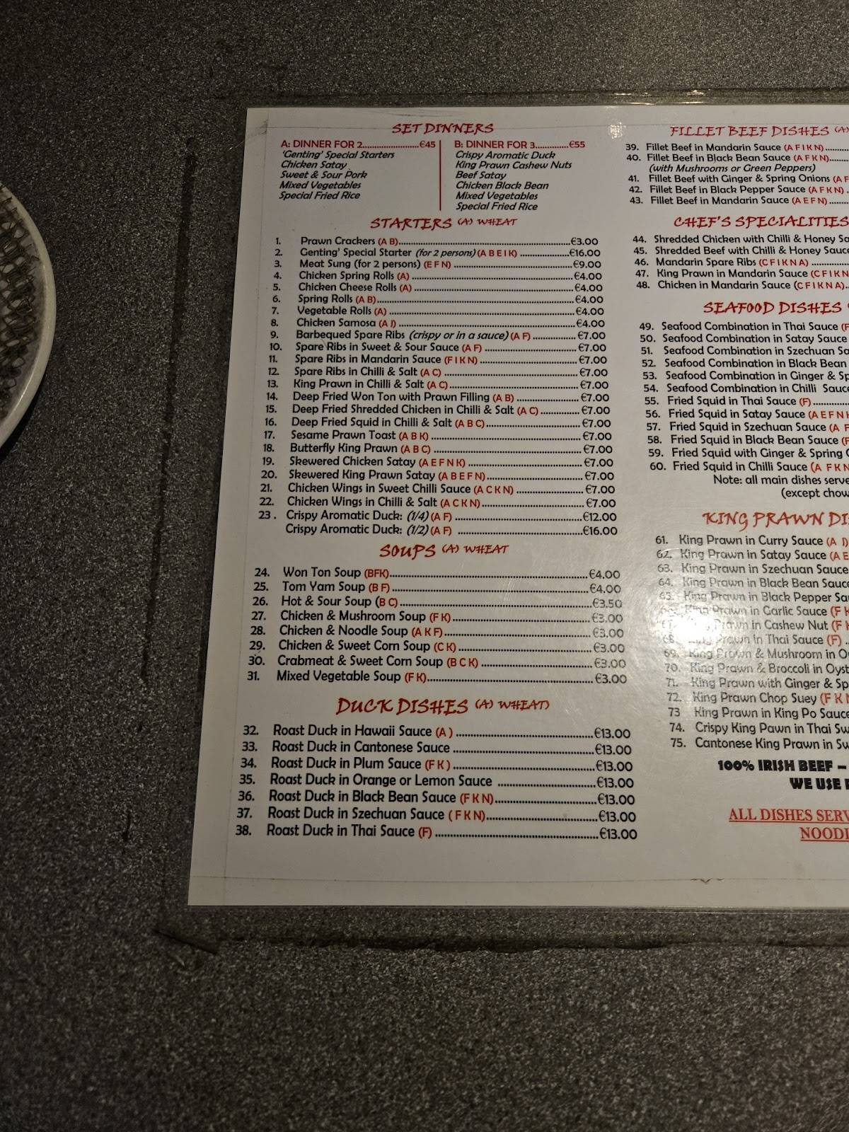 Menu at Genting Chinese Restaurant, Bandon