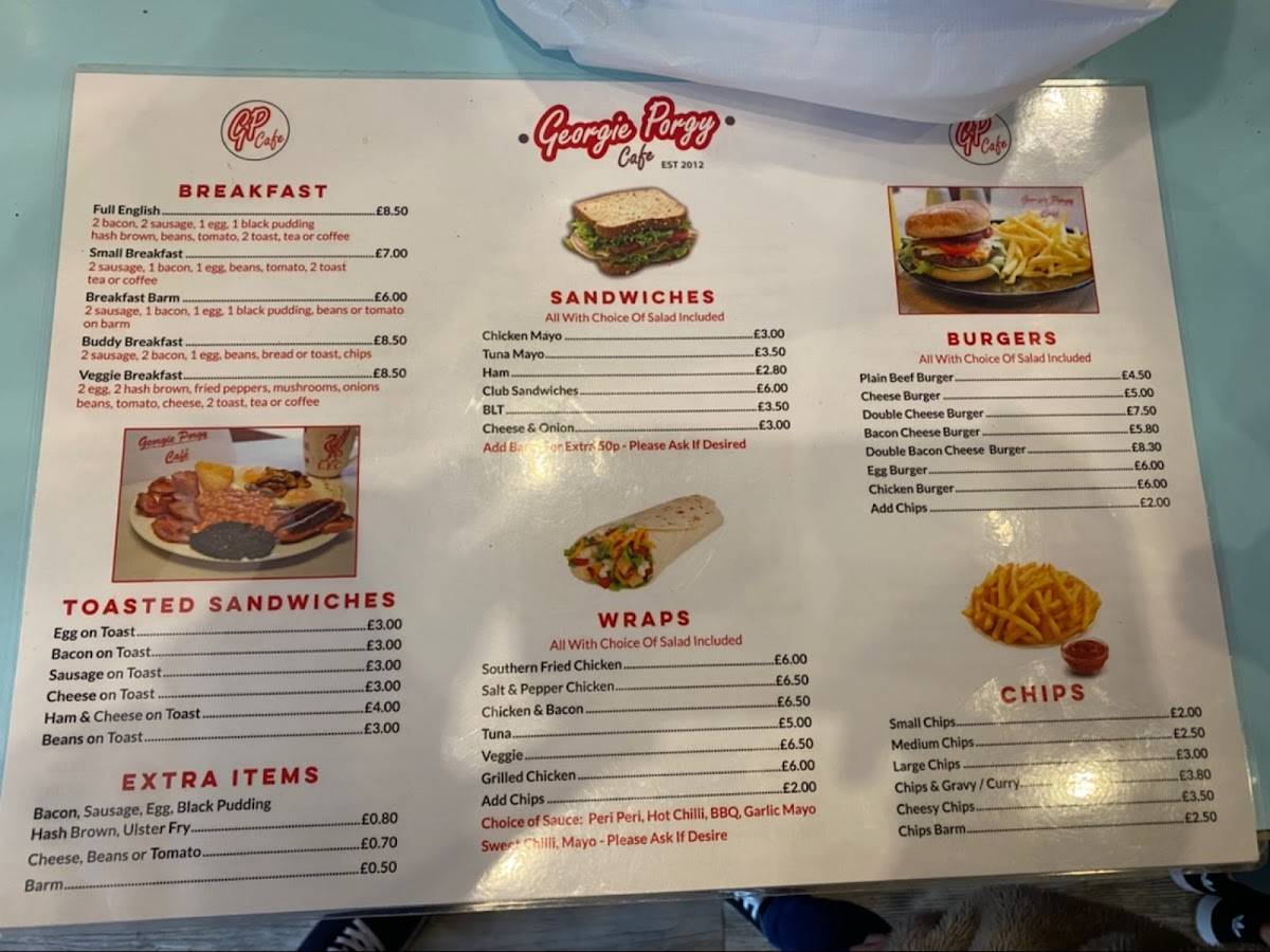 Menu at Georgie Porgy Cafe, Liverpool, 220 Walton Breck Rd