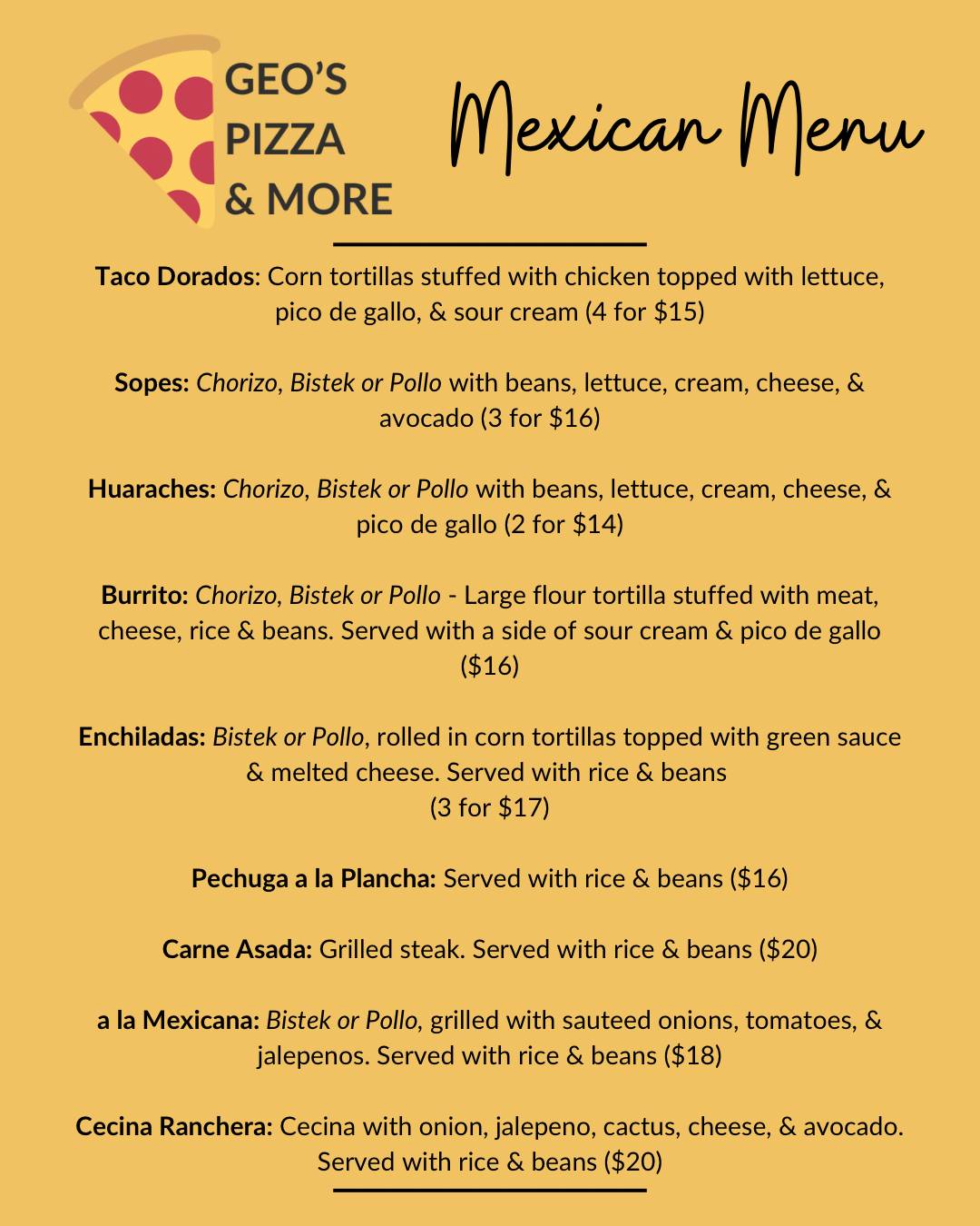 Menu at Geo’s Pizza pizzeria, Farmingdale