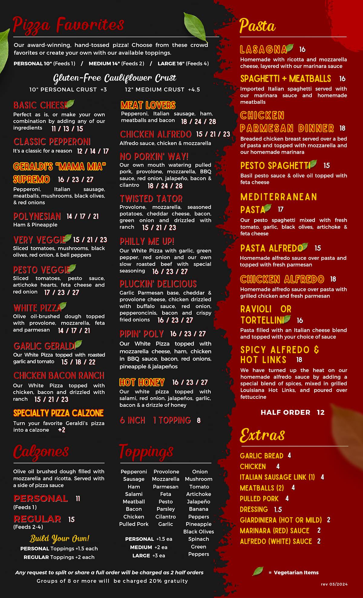 Menu at Geraldi's - Shell Knob pizzeria, Shell Knob