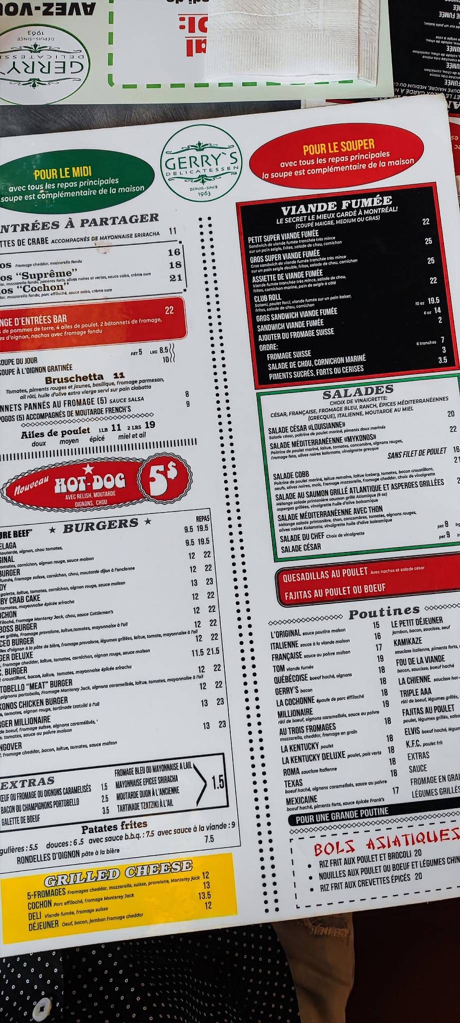 Menu au Gerry's Delicatessen restaurant, Montréal, Ontario St E