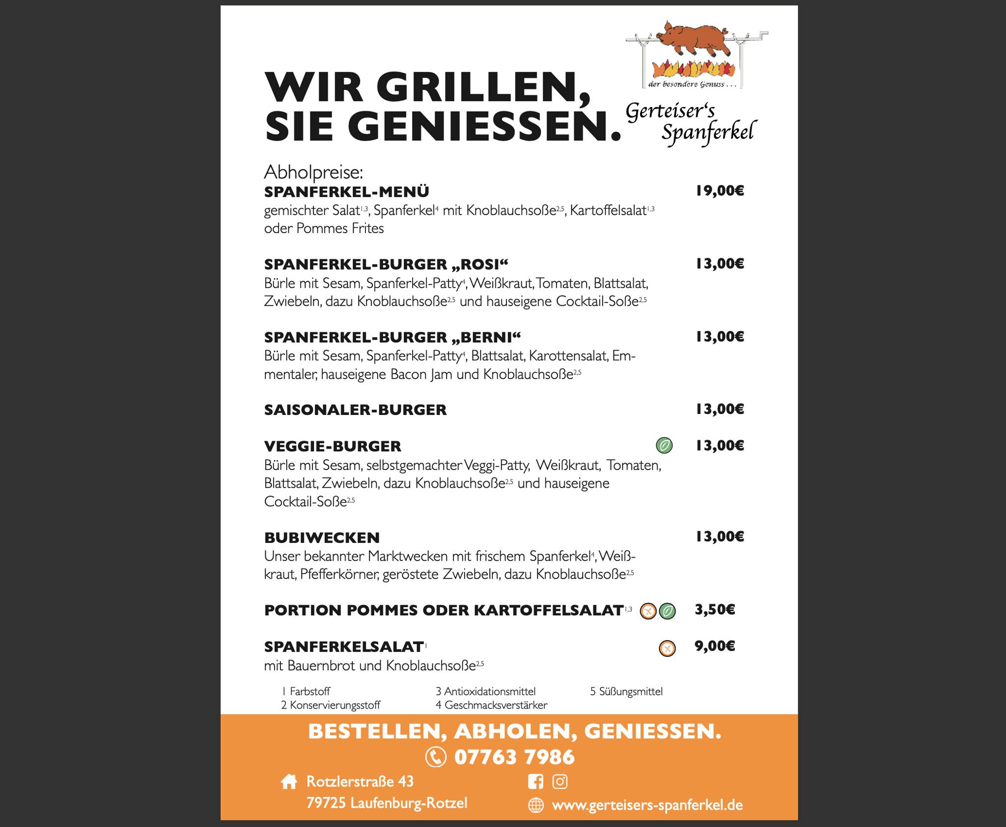 Speisekarte von Gerteiser's Spanferkel restaurant, Laufenburg