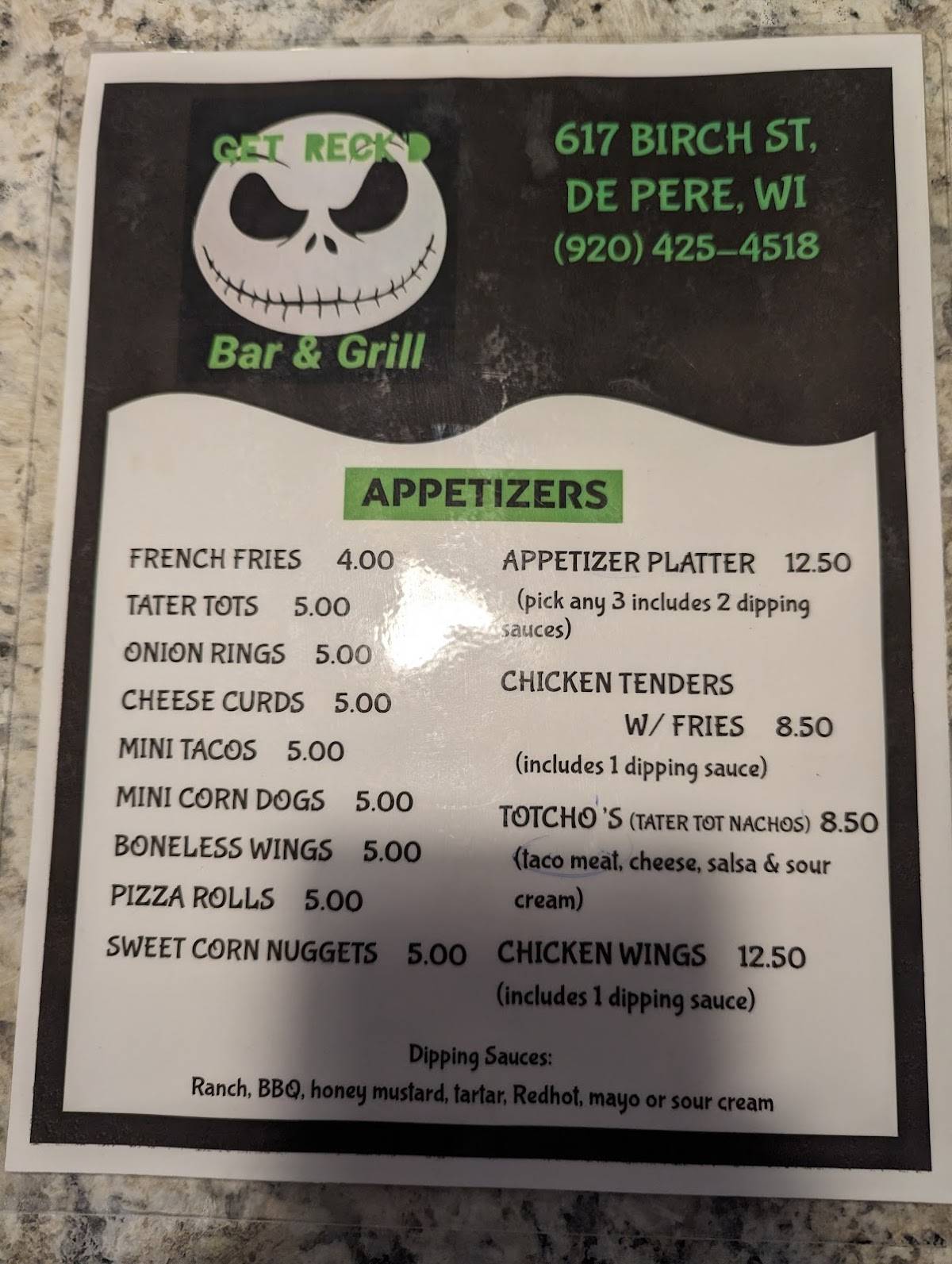 Menu at Get Reck'd Bar and Grill, De Pere