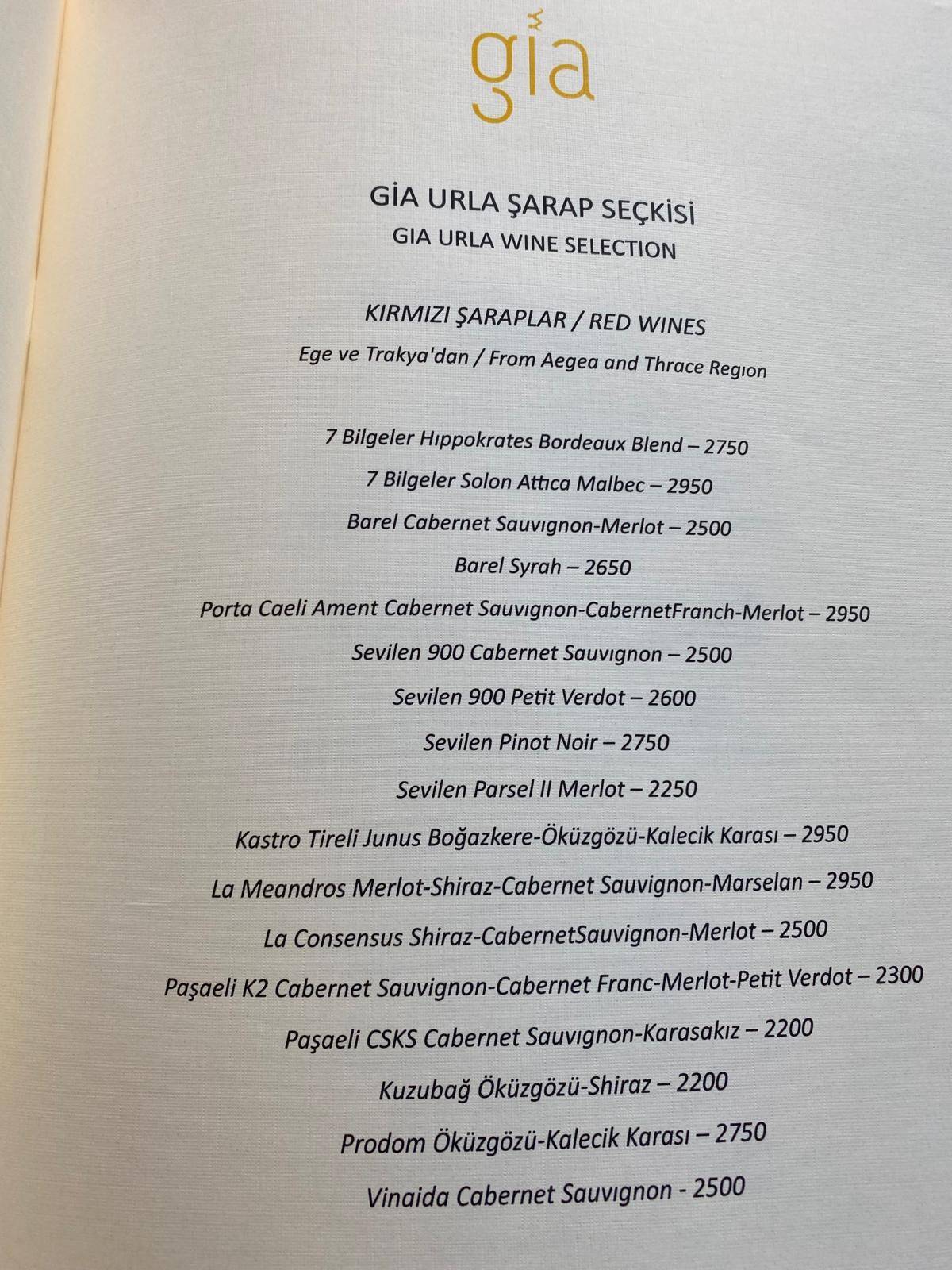 Menu at Gia Urla Restoran, Denizli Mahallesi