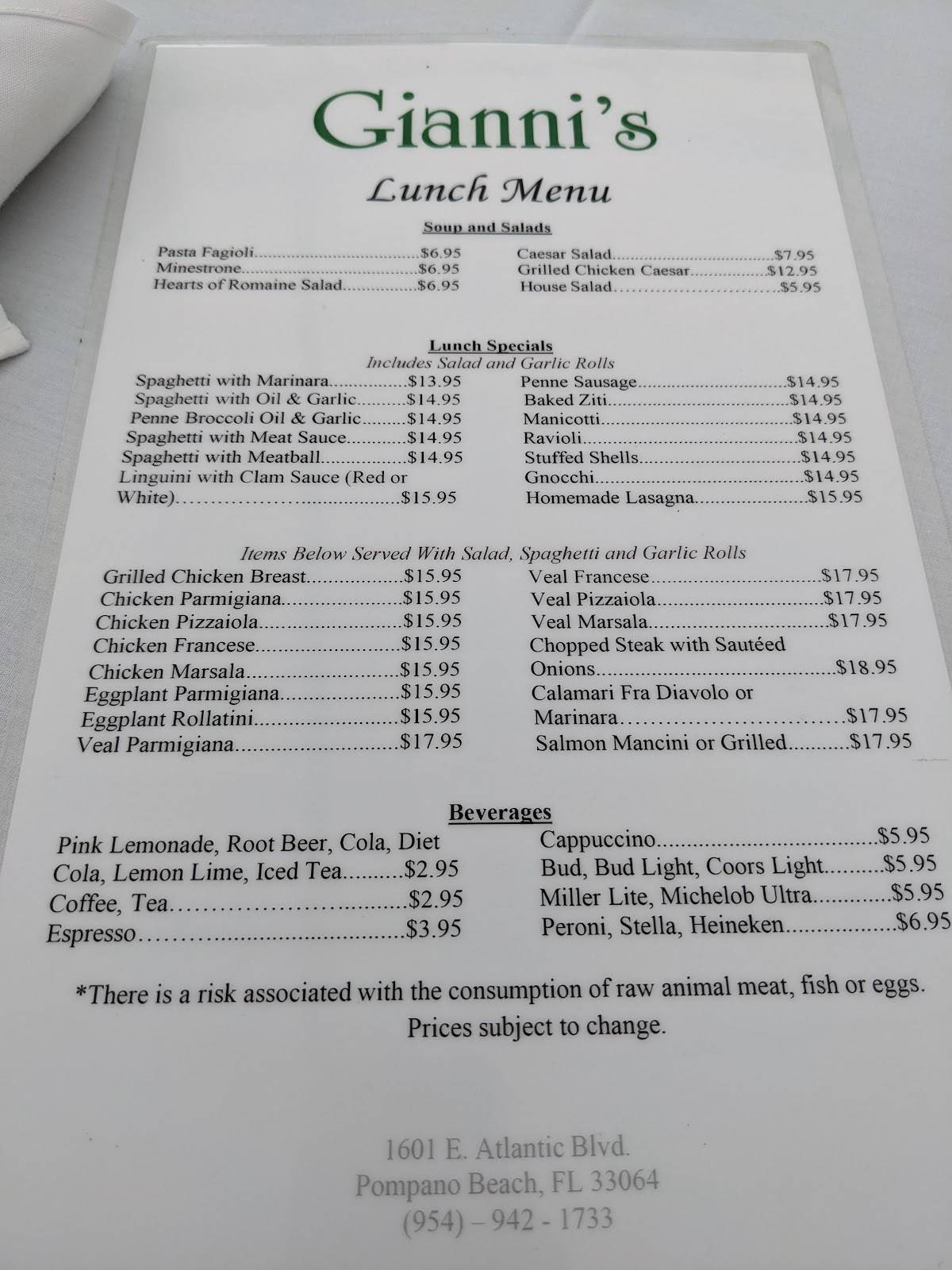 Menu at Gianni's restaurant, Pompano Beach
