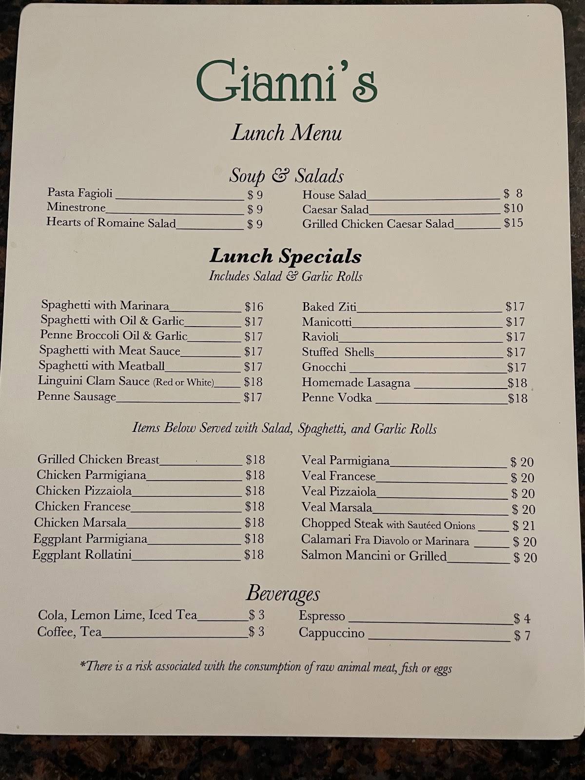 Menu at Gianni's restaurant, Pompano Beach