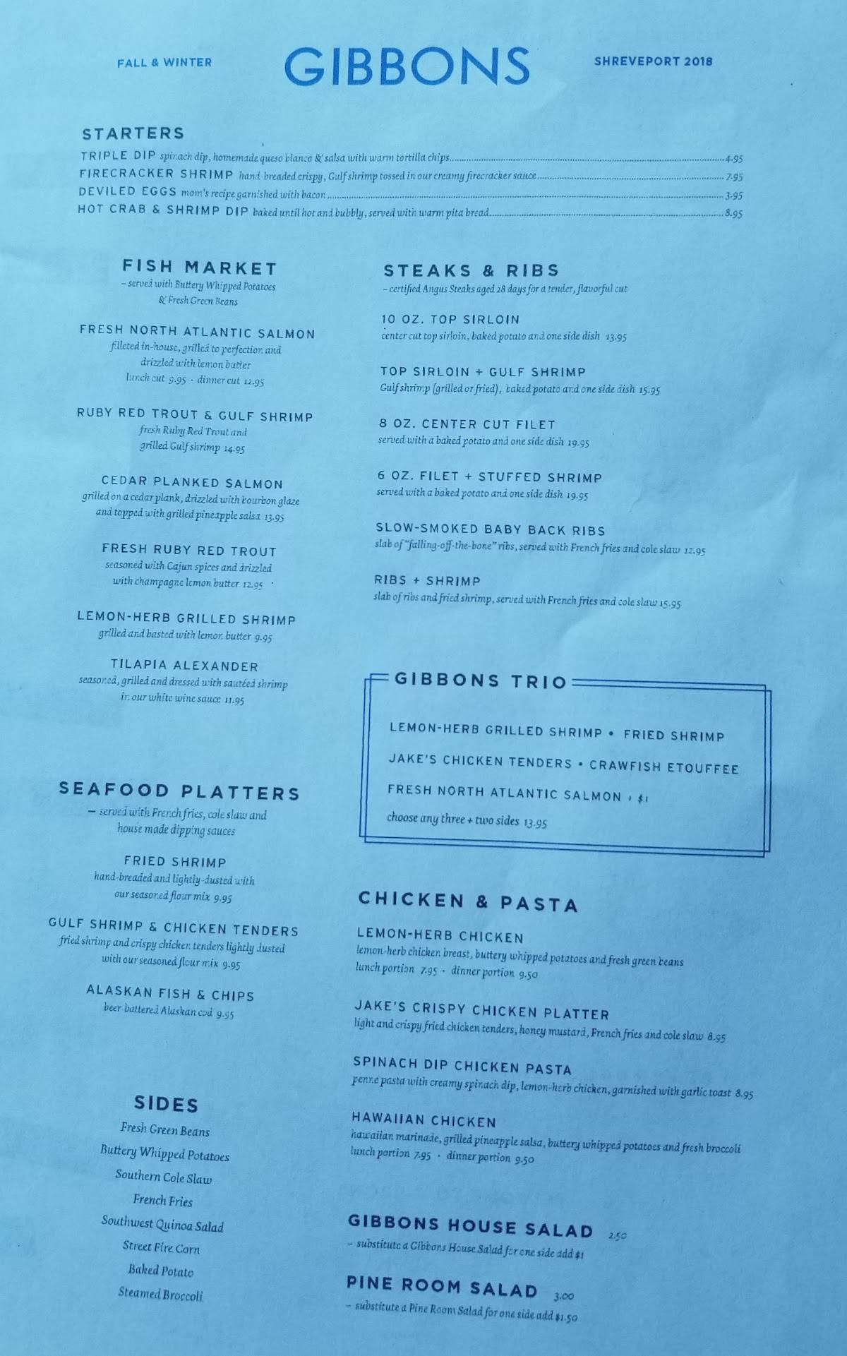 Menu at Gibbons Fine Grill restaurant, Shreveport