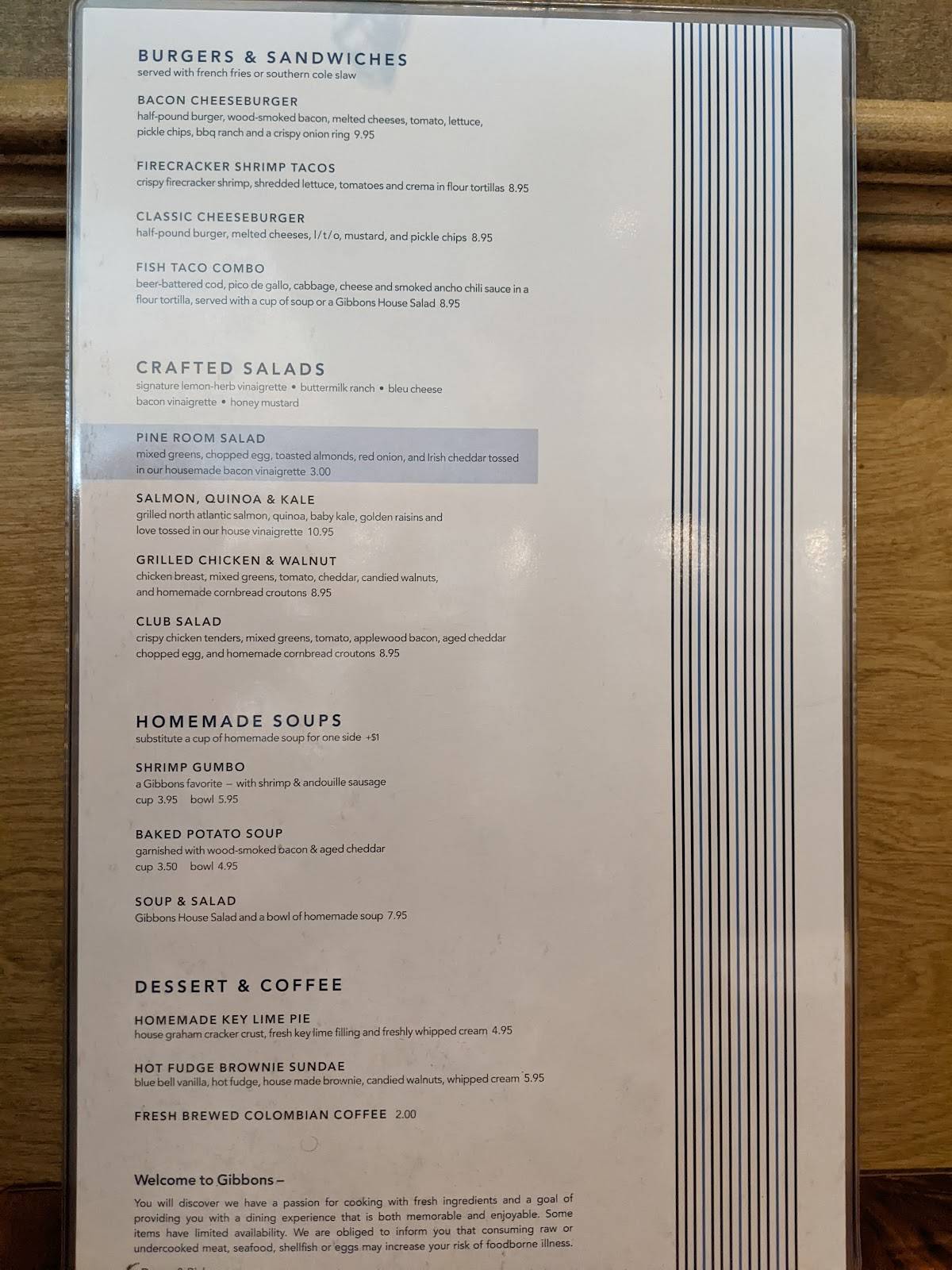 Menu at Gibbons Fine Grill restaurant, Shreveport