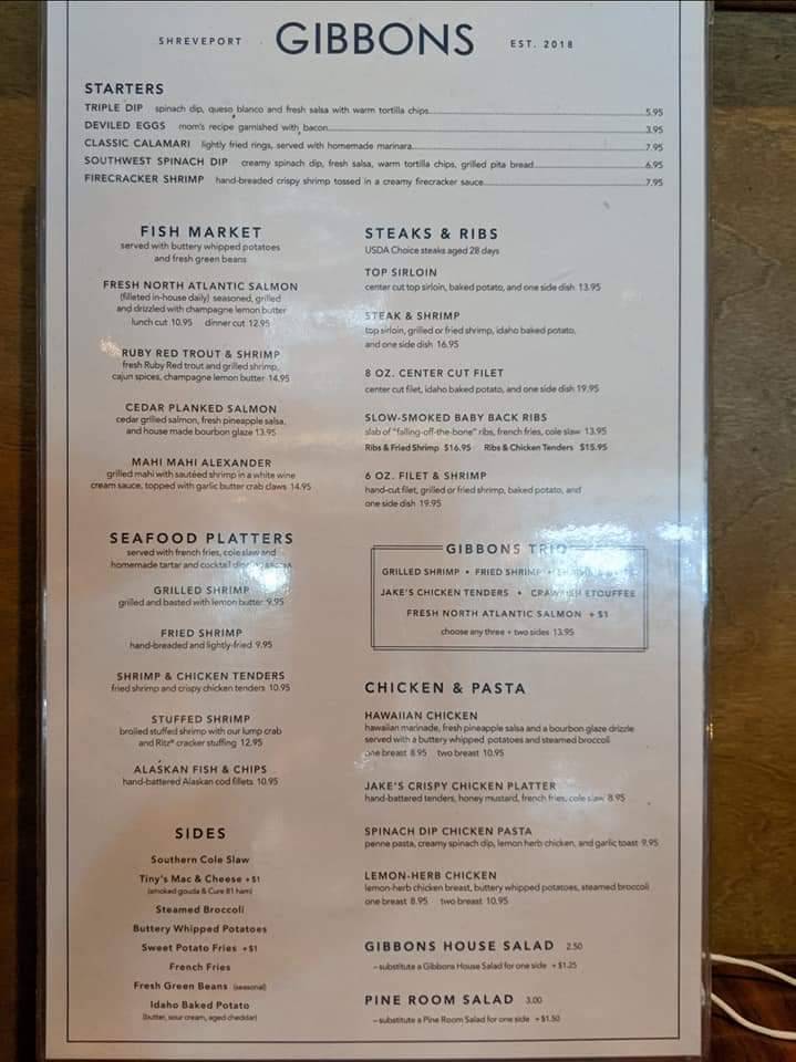 Menu at Gibbons Fine Grill restaurant, Shreveport