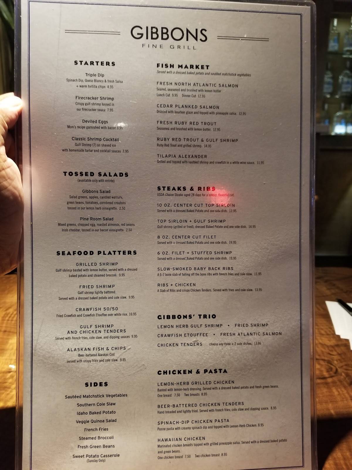 Menu at Gibbons Fine Grill restaurant, Shreveport