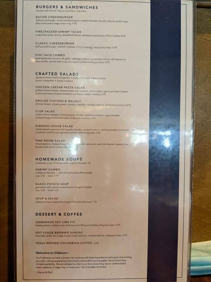 Menu at Gibbons Fine Grill restaurant, Shreveport