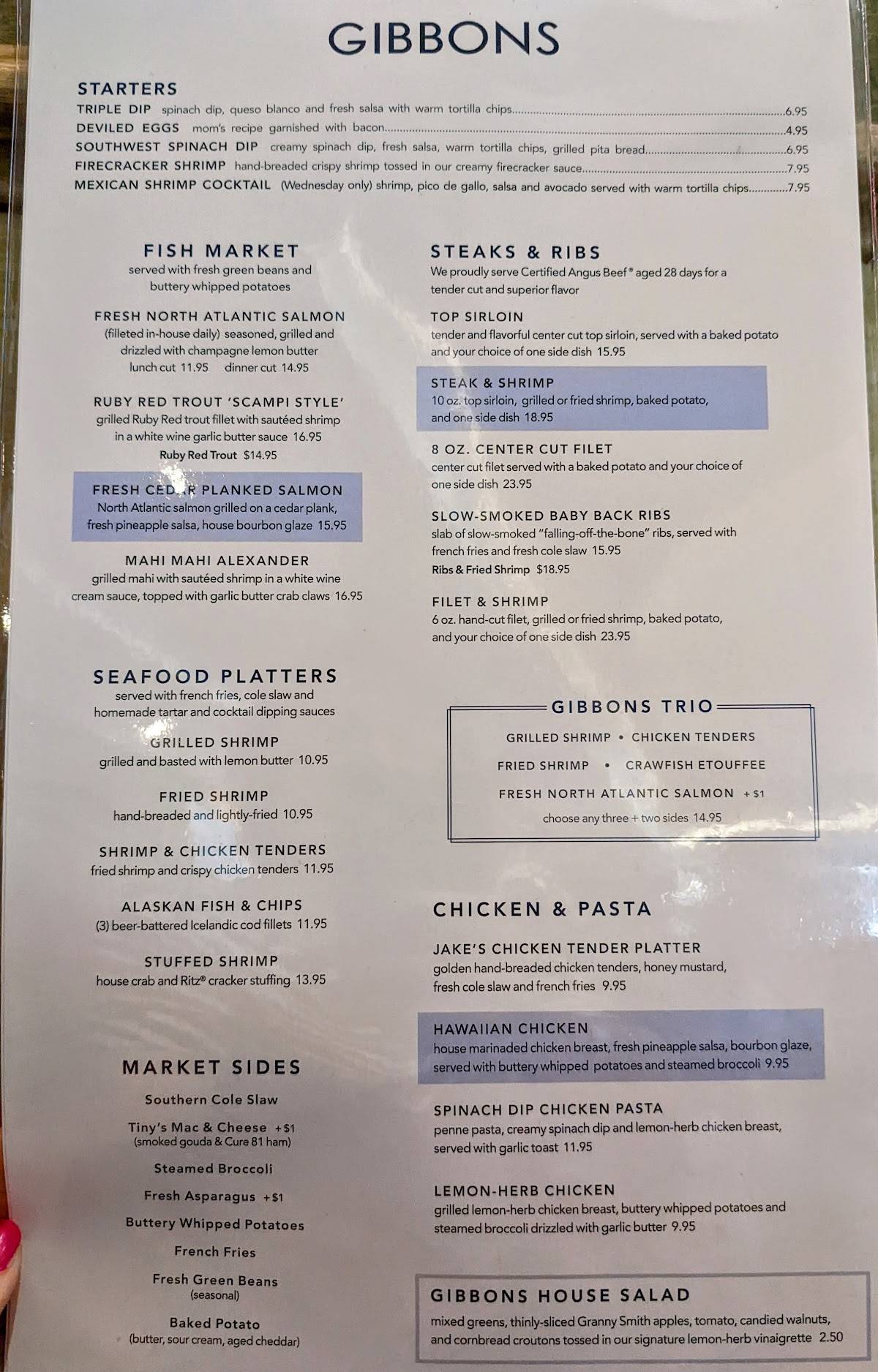 Menu at Gibbons Fine Grill restaurant, Shreveport
