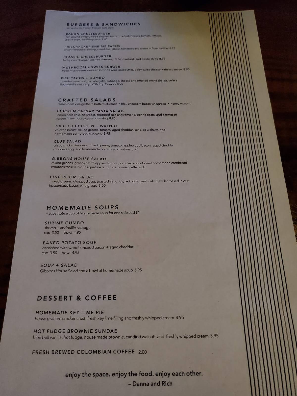 Menu at Gibbons Fine Grill restaurant, Shreveport