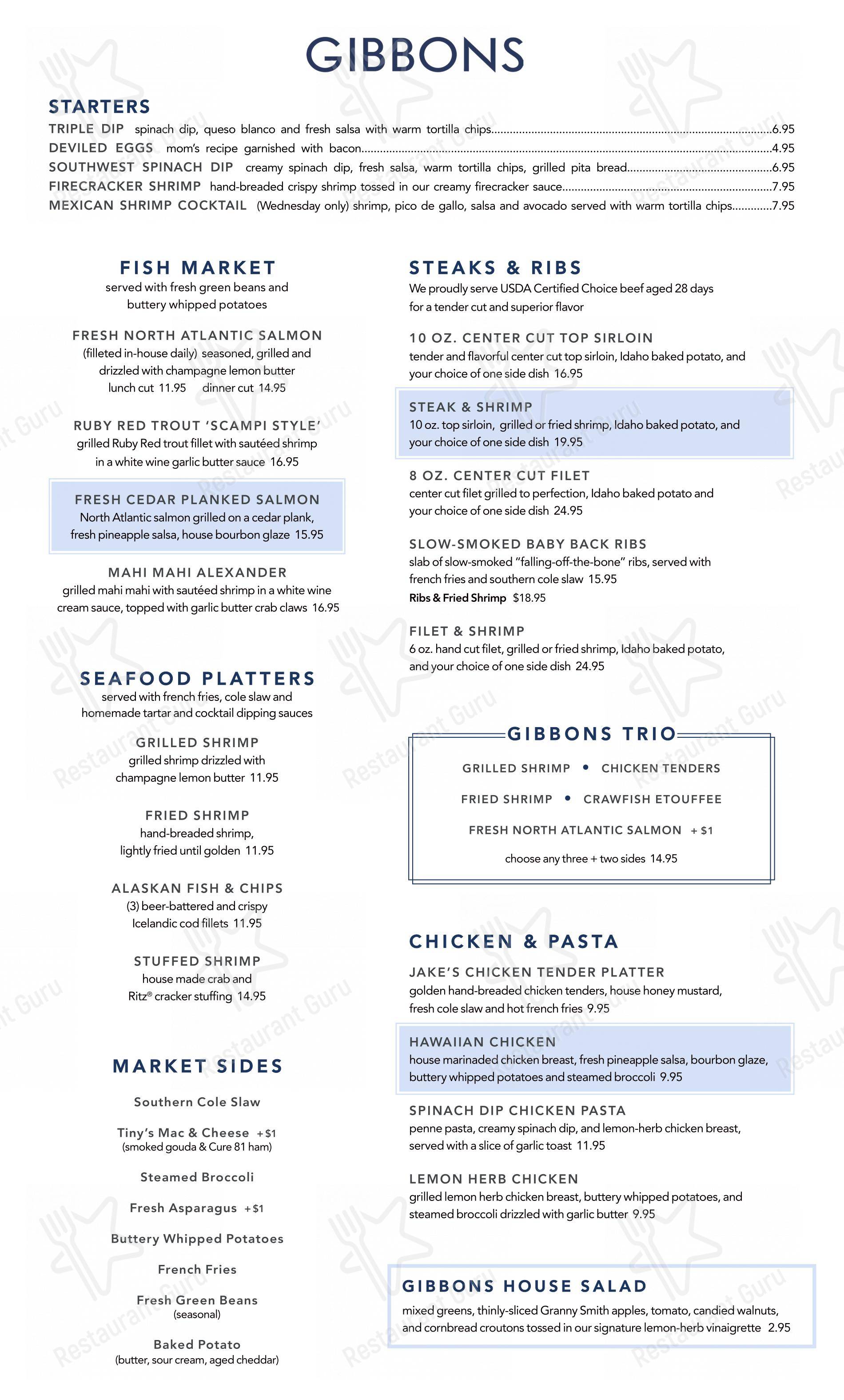 Menu at Gibbons Fine Grill restaurant, Shreveport