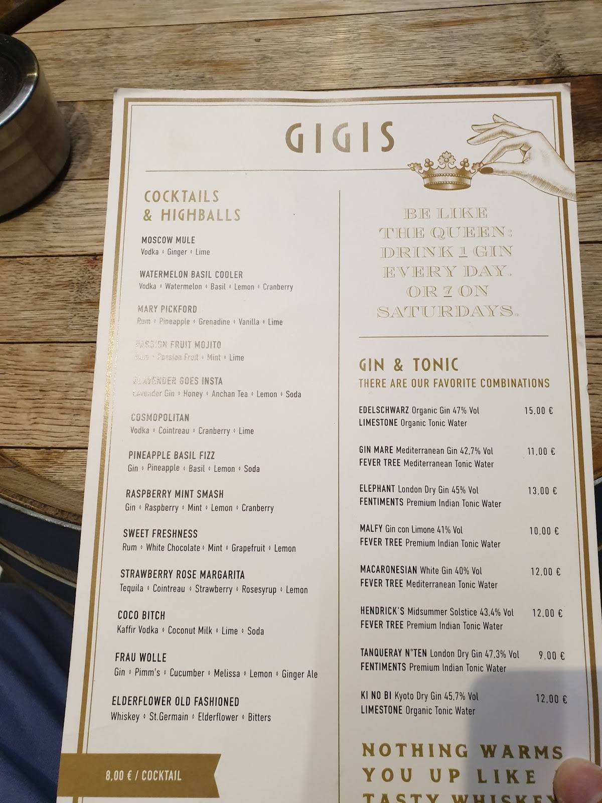 Menu da Gigis Bar, Merano