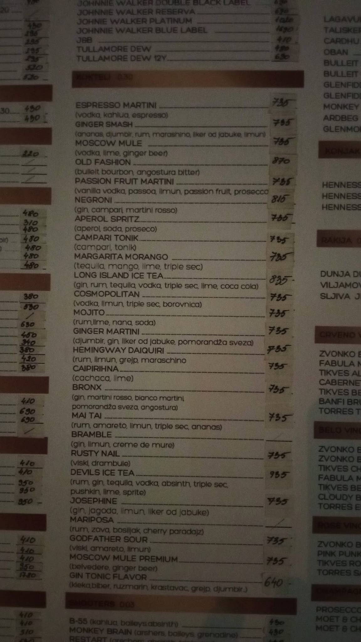 Menu at Ginger Bar, Belgrade