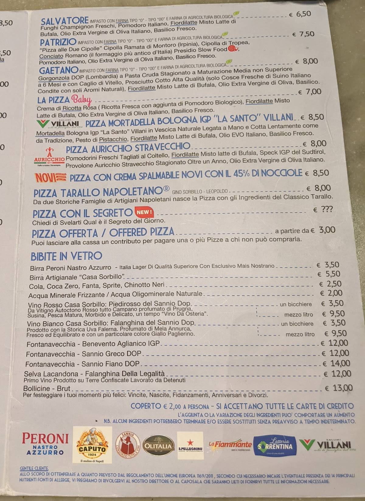 Menu at Gino e Toto Sorbillo pizzeria, Naples, Via dei Tribunali