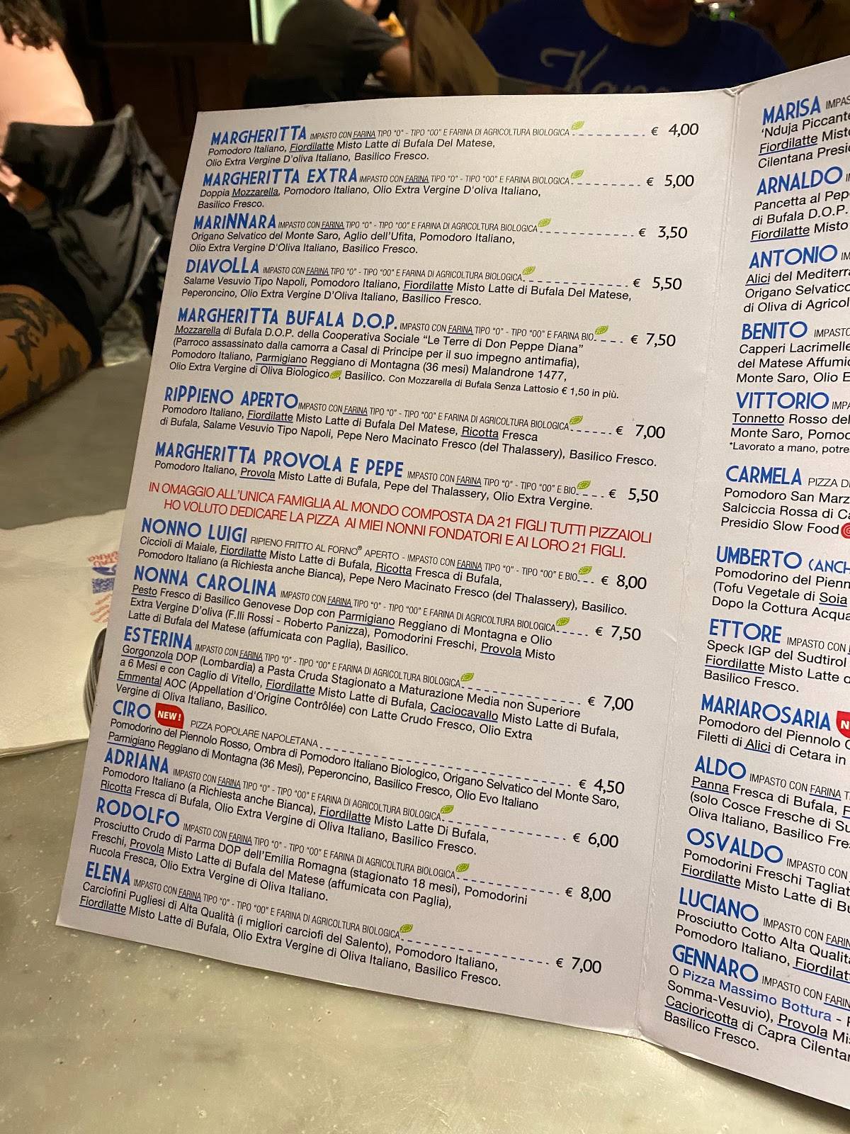 Menu at Gino e Toto Sorbillo pizzeria, Naples, Via dei Tribunali