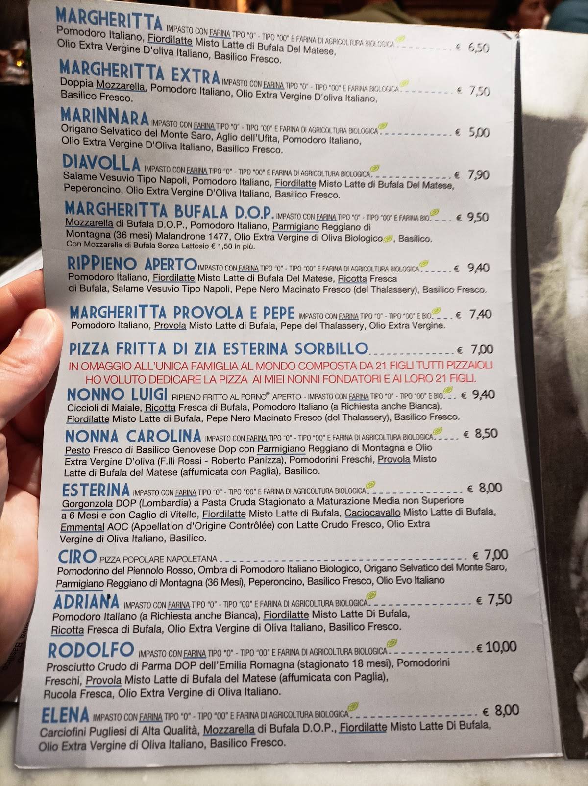 Menu at Gino e Toto Sorbillo pizzeria, Naples, Via dei Tribunali