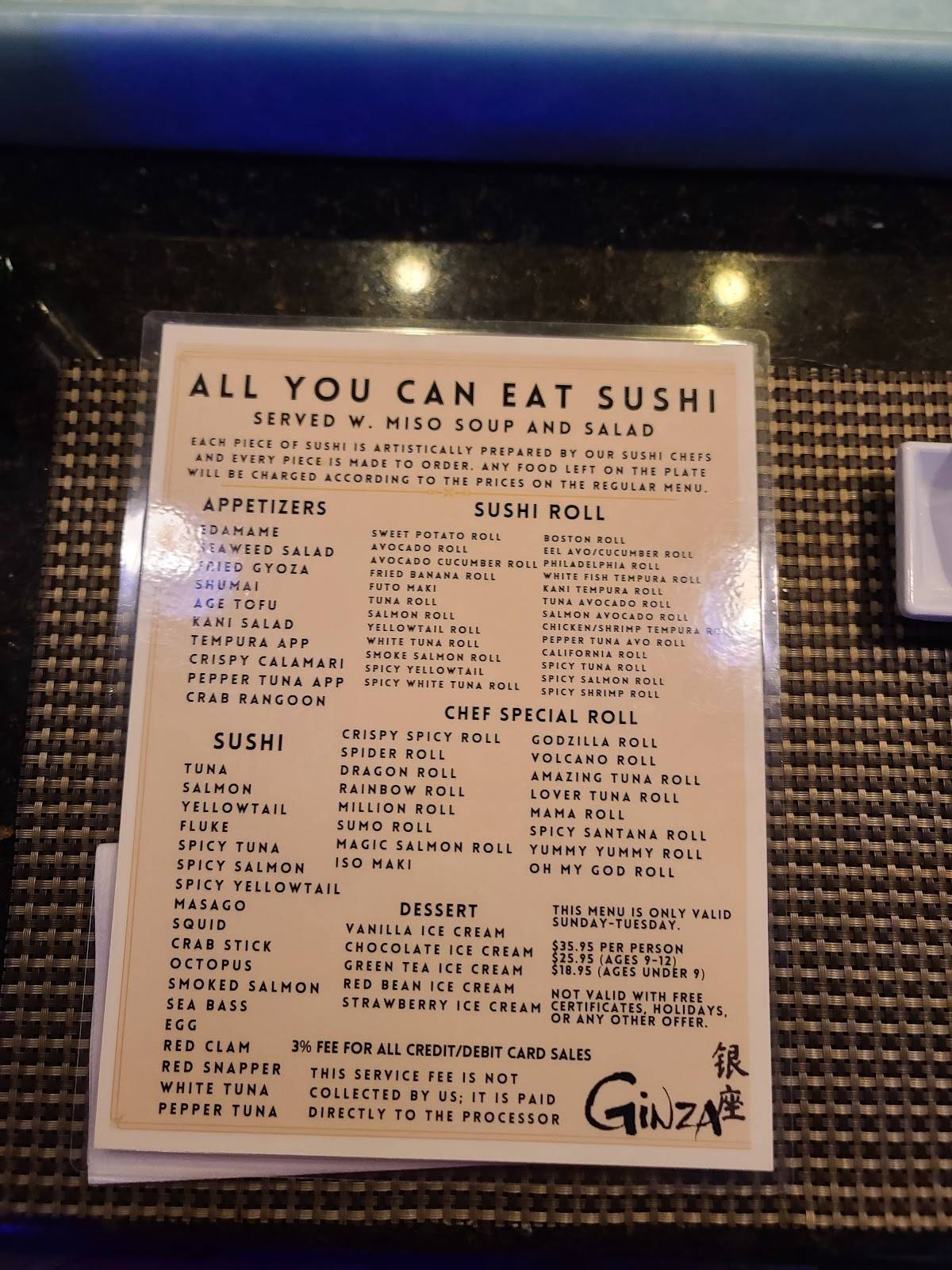 Menu at Ginza Japanese Restaurant, Ocean Township