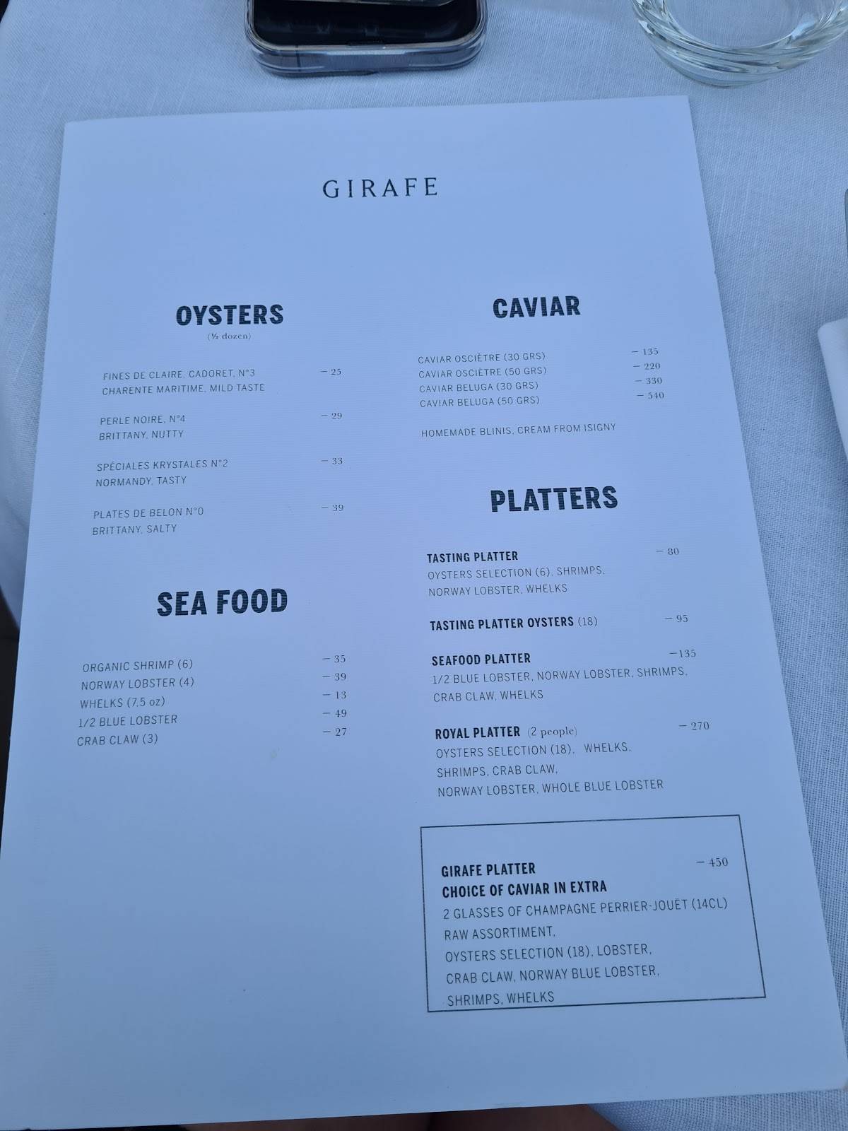 Menu at Girafe Restaurant, Paris