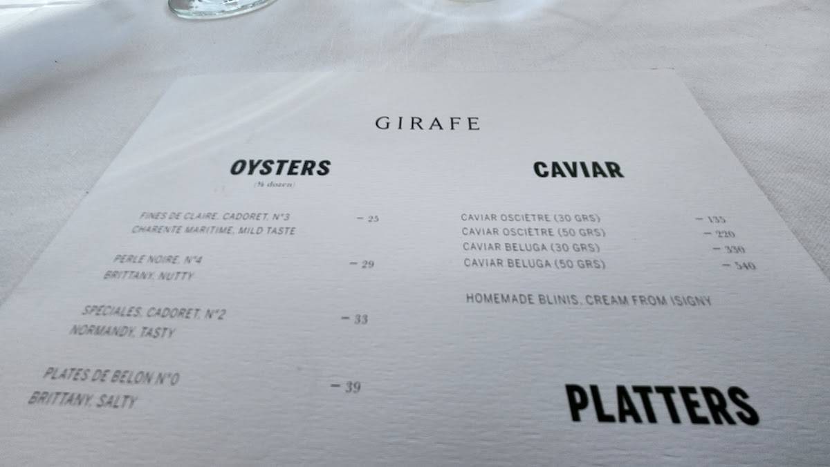 Menu at Girafe Restaurant, Paris