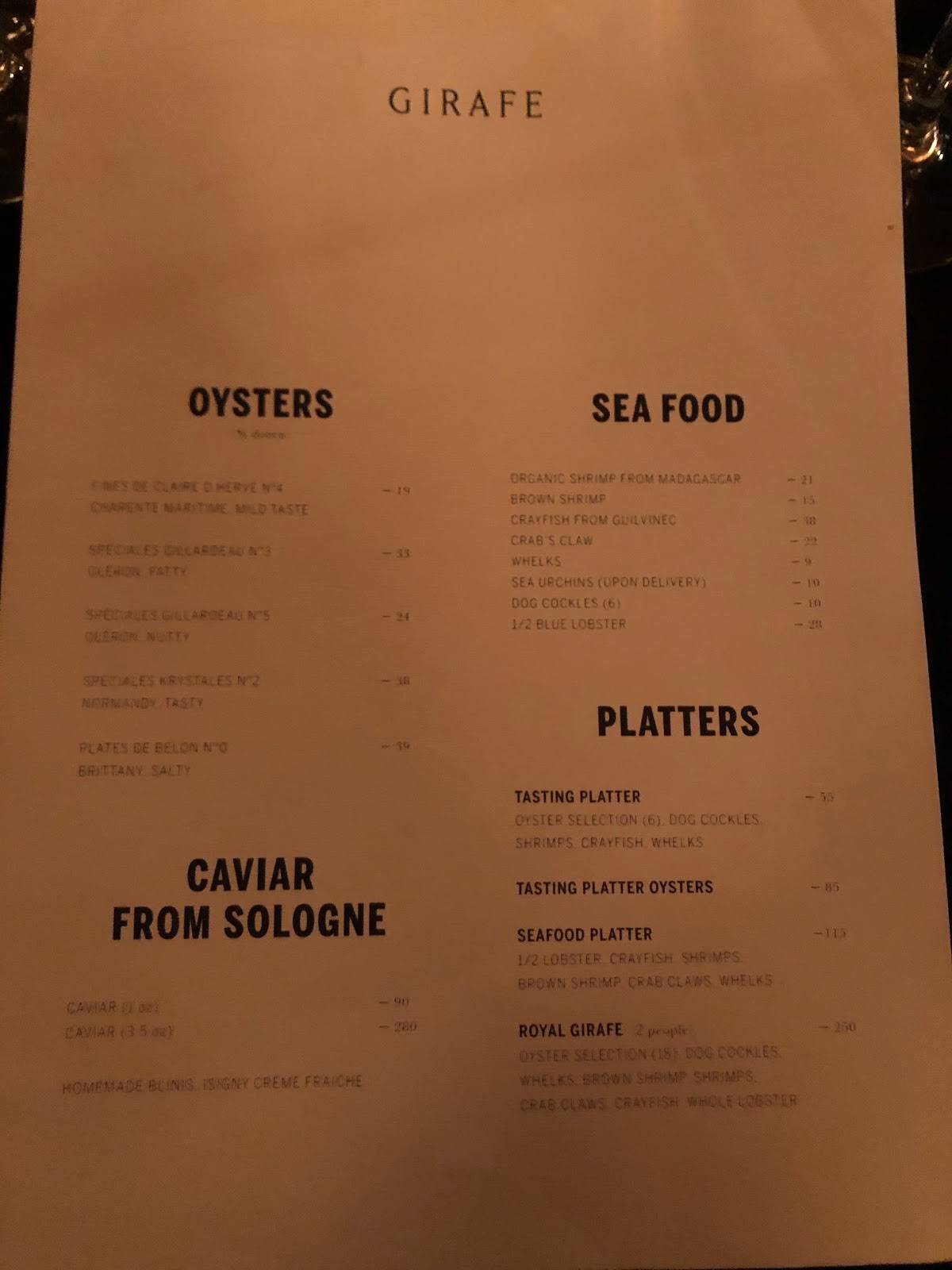 Menu at Girafe Restaurant, Paris