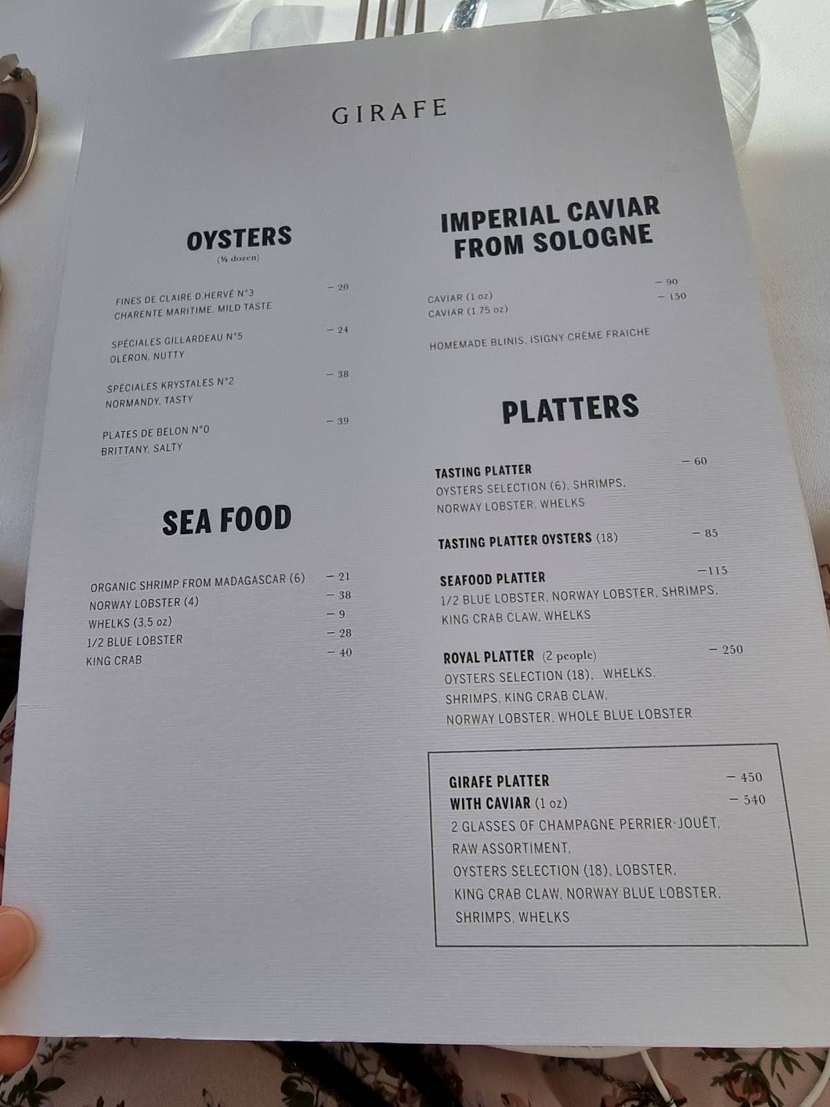 Menu at Girafe Restaurant, Paris