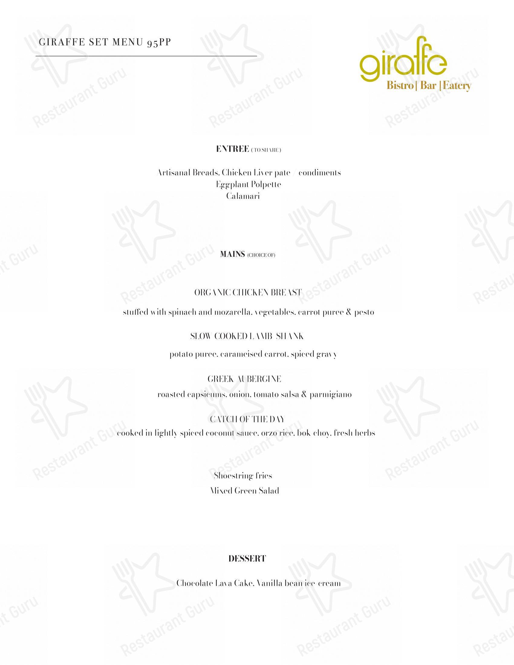 Menu at Giraffe restaurant, Auckland