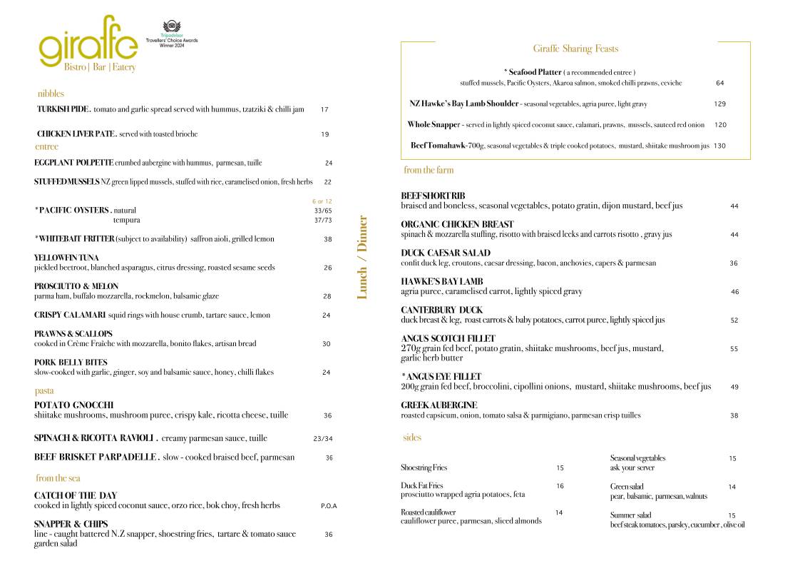 Menu at Giraffe restaurant, Auckland