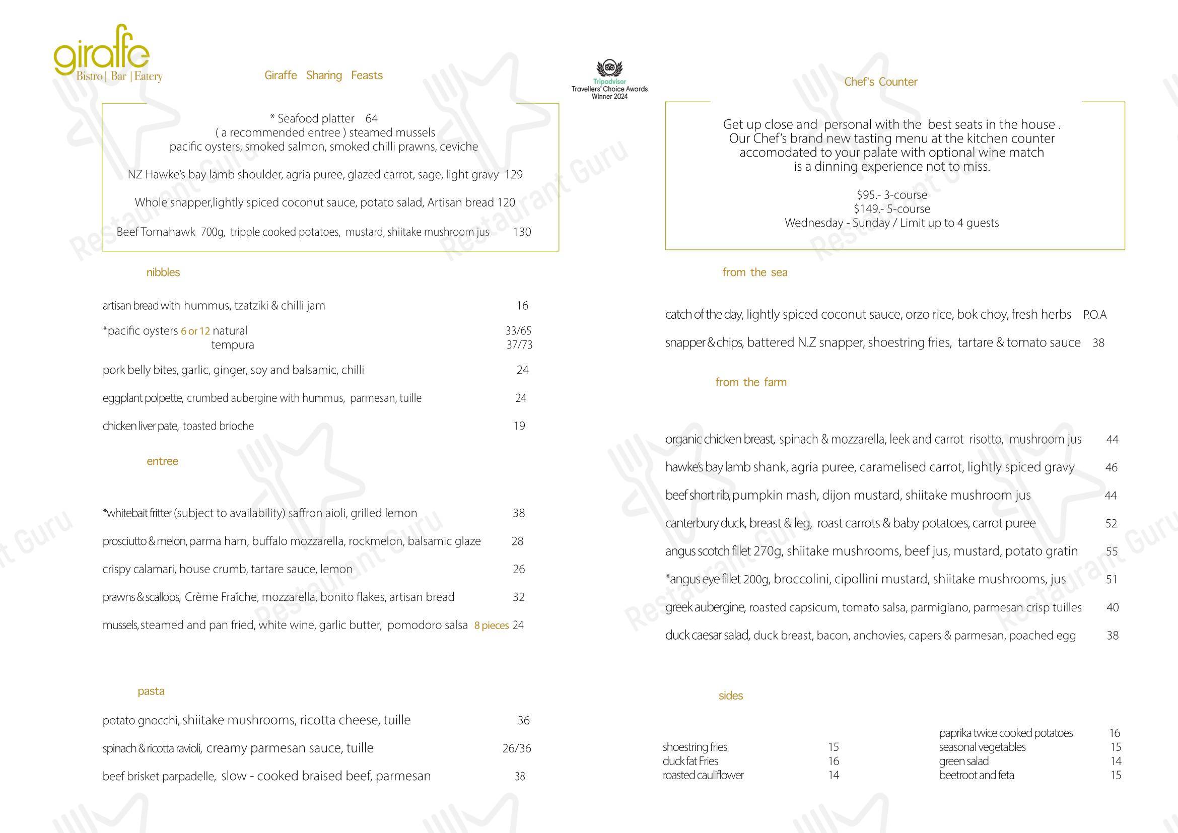 Menu at Giraffe restaurant, Auckland