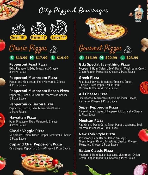 Menu at Gitz Pizza & Beverages restaurant, Winnipeg