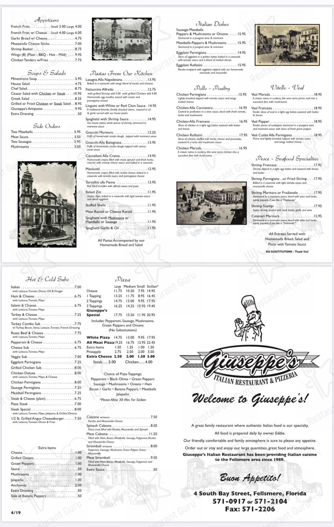 Menu at Giuseppe's Italian Restaurant, Fellsmere