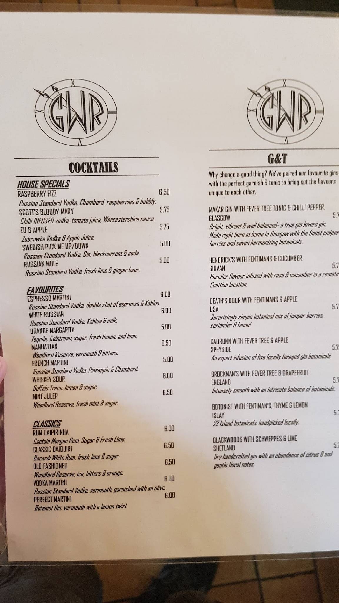 Menu at 1051 GWR restaurant, Glasgow, Great Western Rd