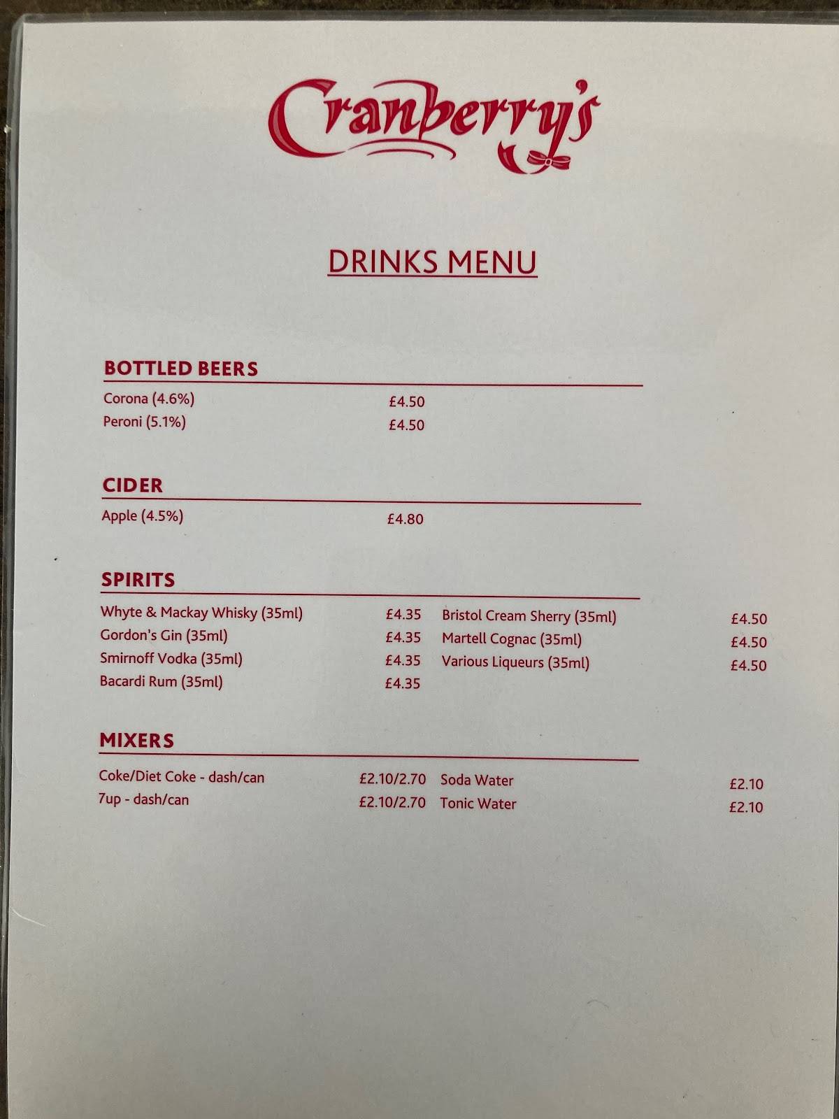 Menu at Cranberrys cafe, Glasgow