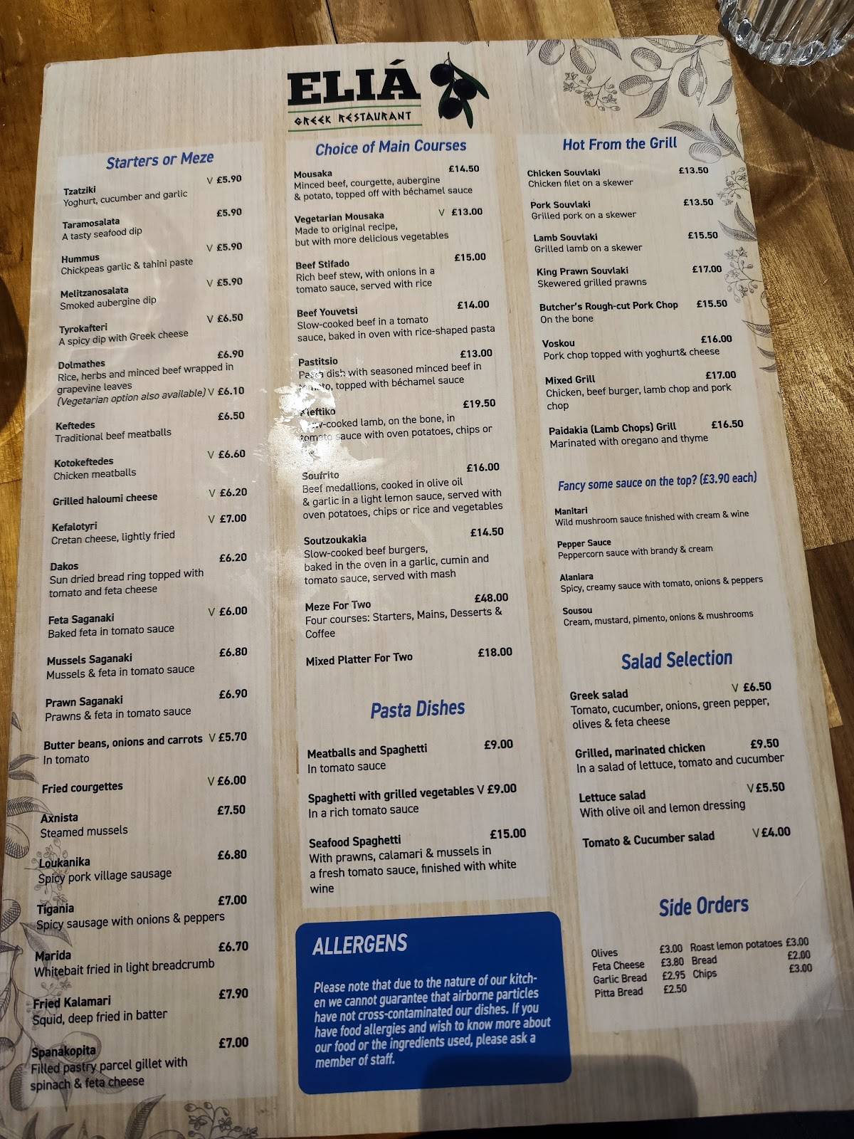 Menu at Elia Greek Restaurant, Glasgow