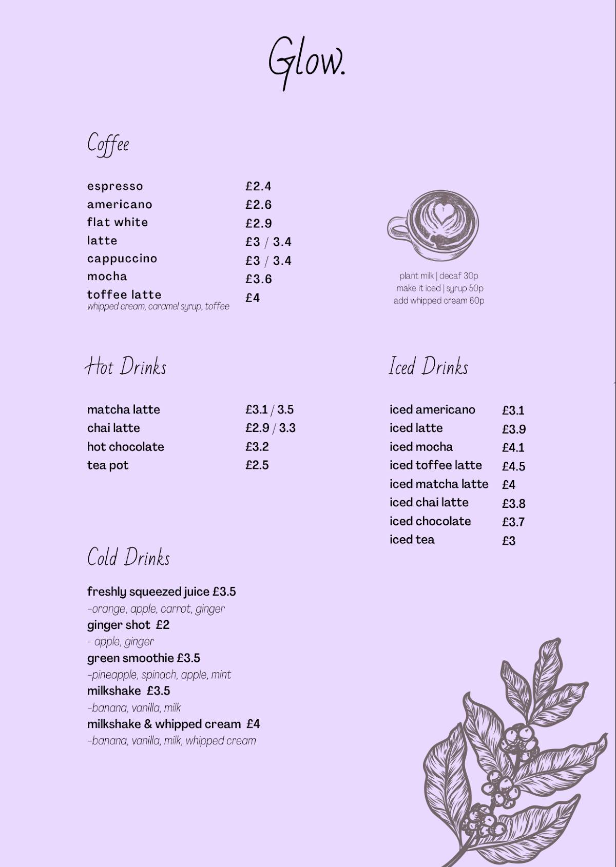 Menu at Glow Cafe, Edinburgh