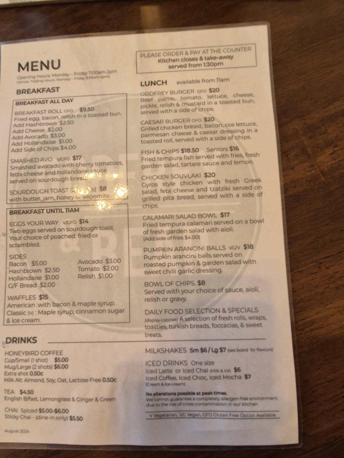 Menu at Godfrey & Bear cafe, Boort