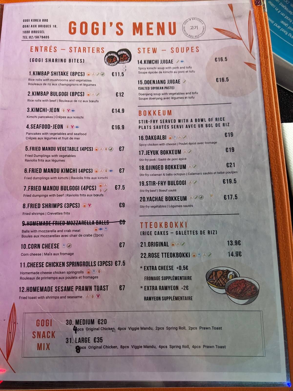 Menu at Gogi Korean BBQ, Brussels