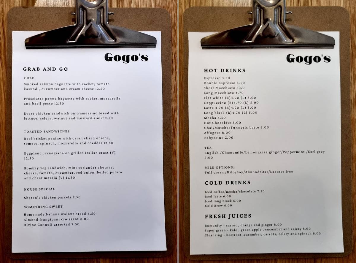 Menu at Gogo's restaurant, South Perth