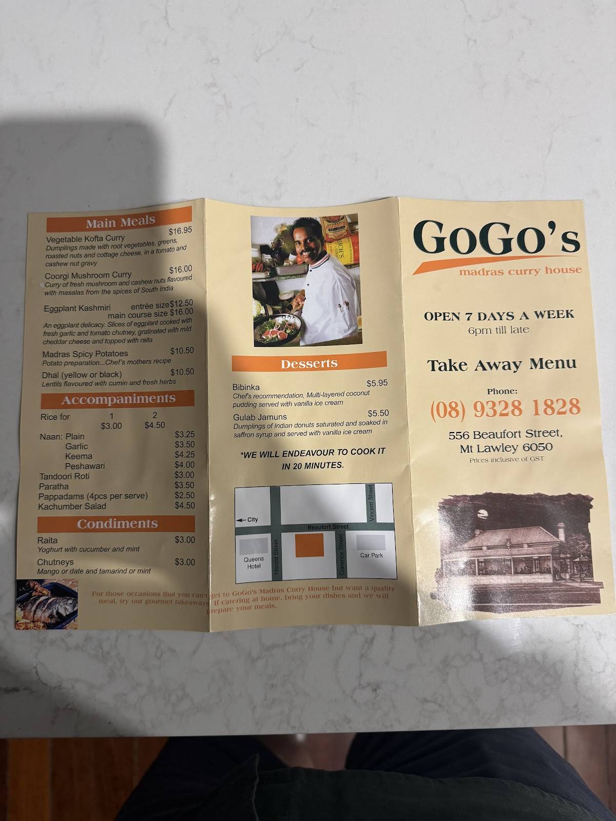 Menu at Gogo's restaurant, South Perth