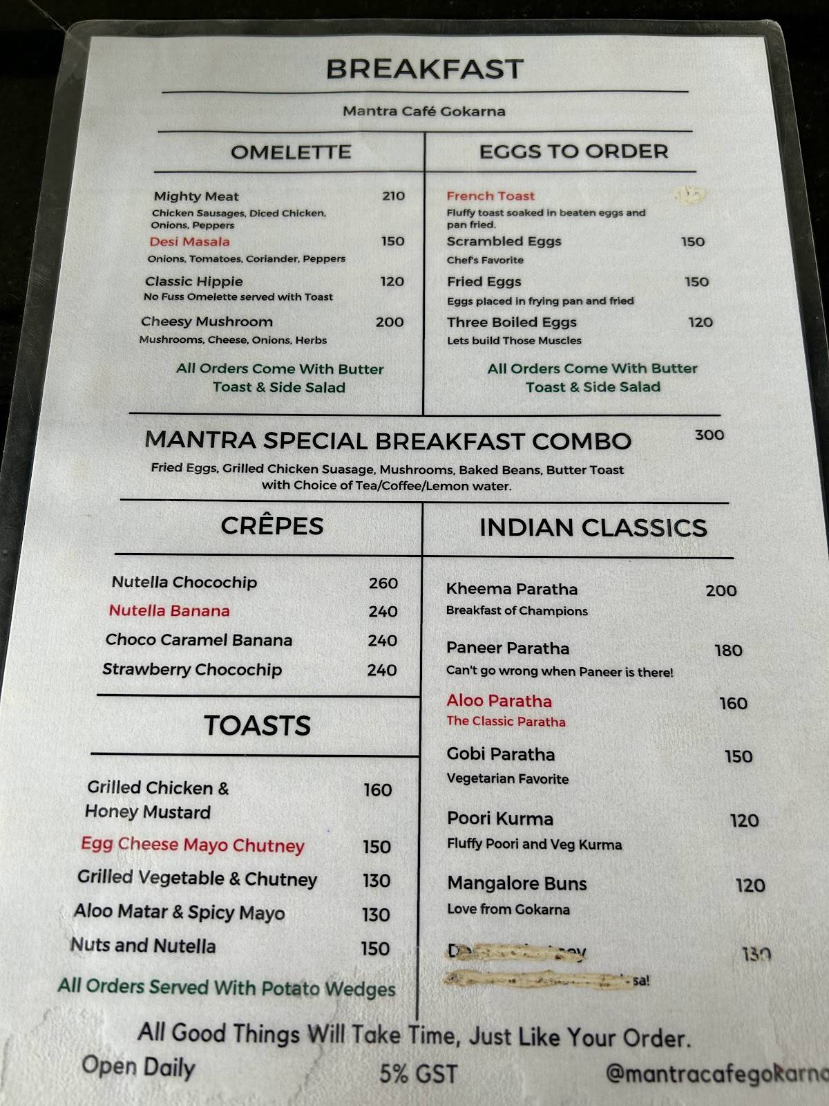 Menu at Mantra Cafe, Gokarna