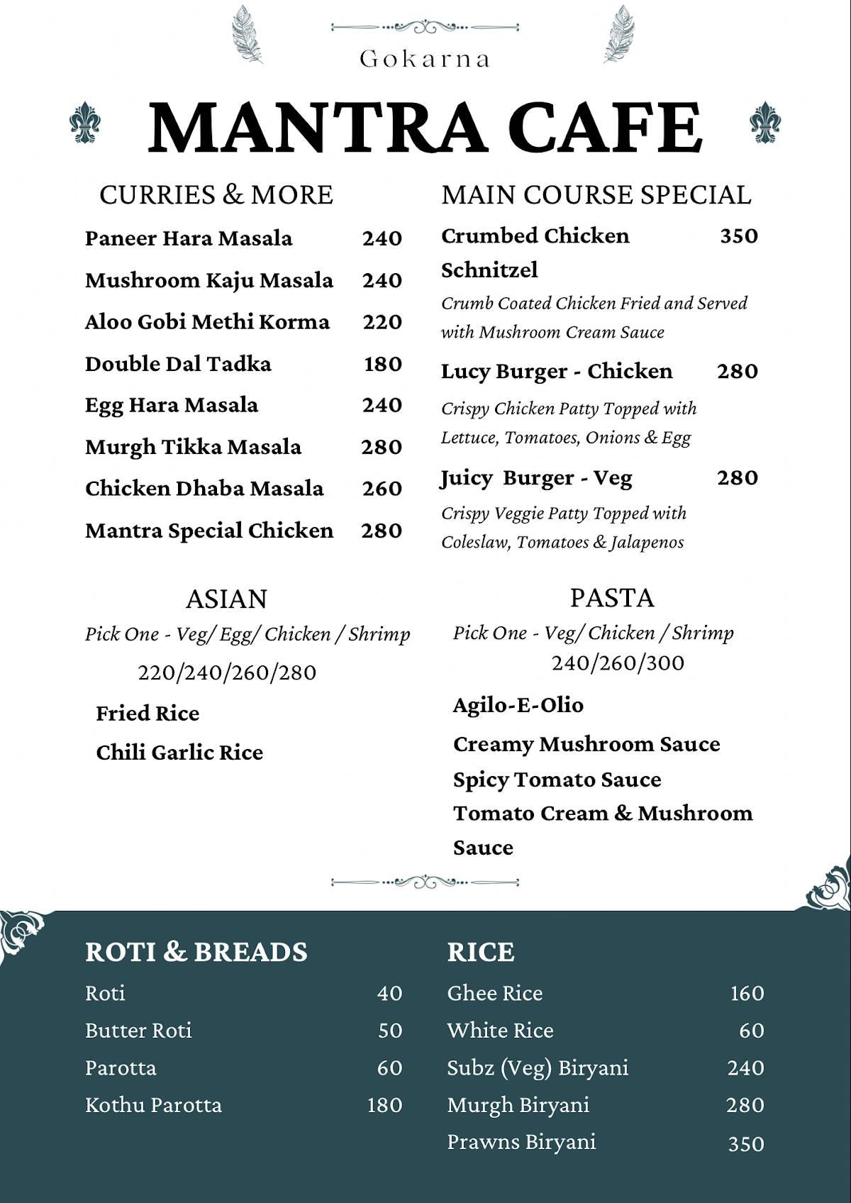 Menu at Mantra Cafe, Gokarna