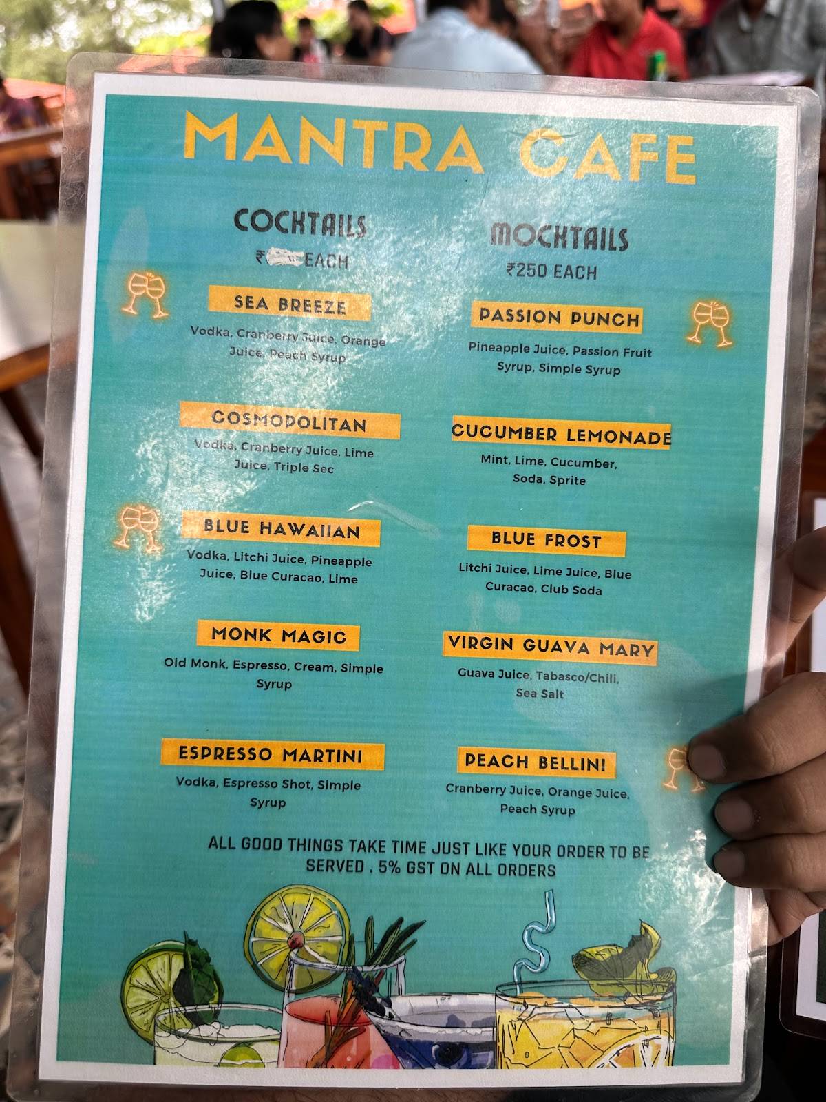 Menu at Mantra Cafe, Gokarna