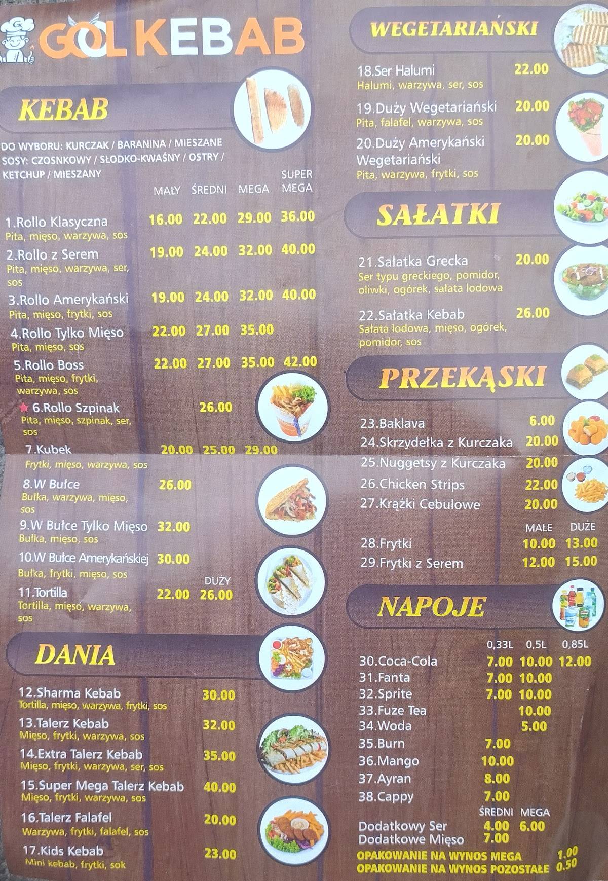 Carta del restaurante Gol kebab, Pilica, Pilica