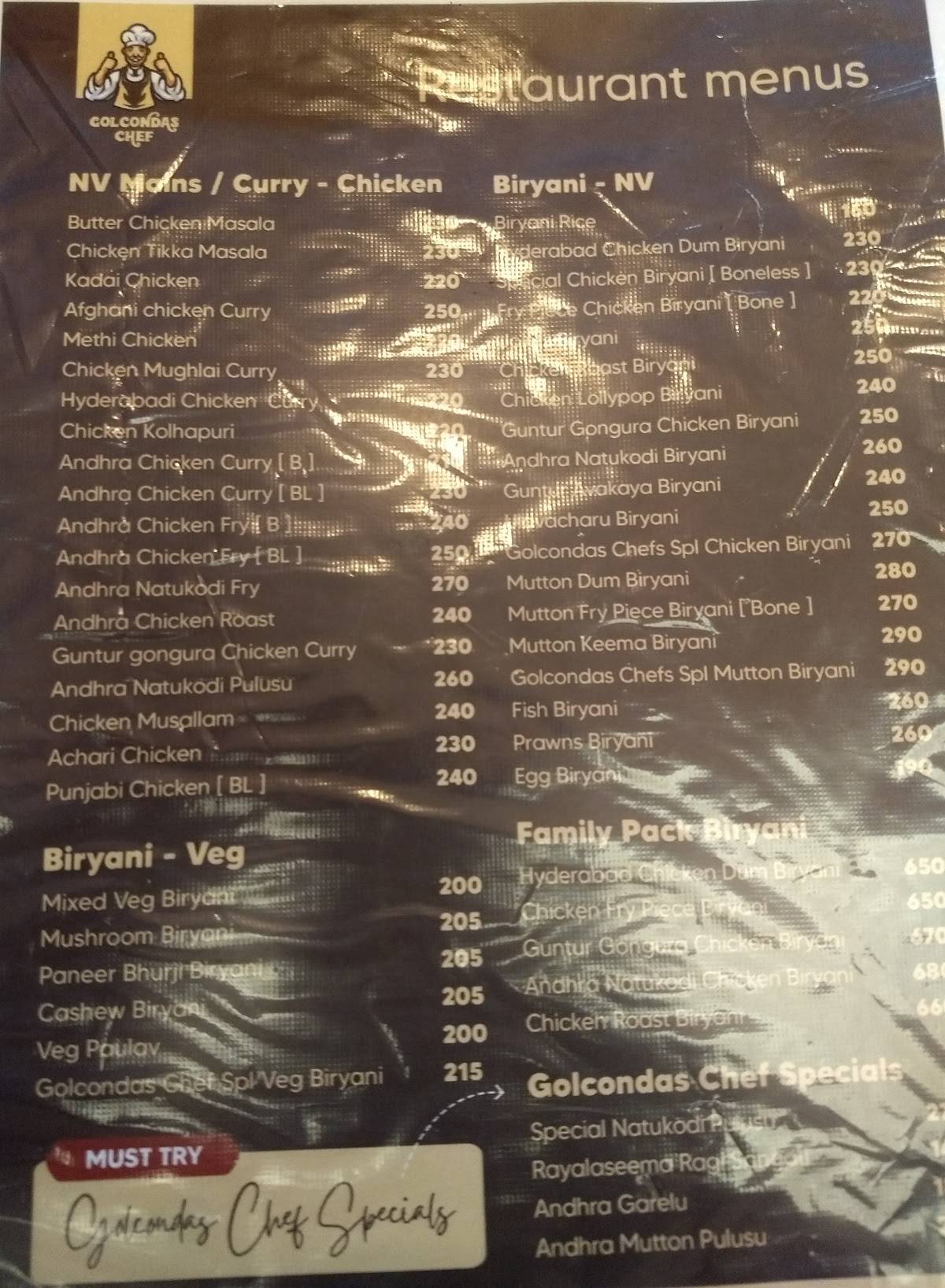 Menu at Golcondas Chef, Chennai