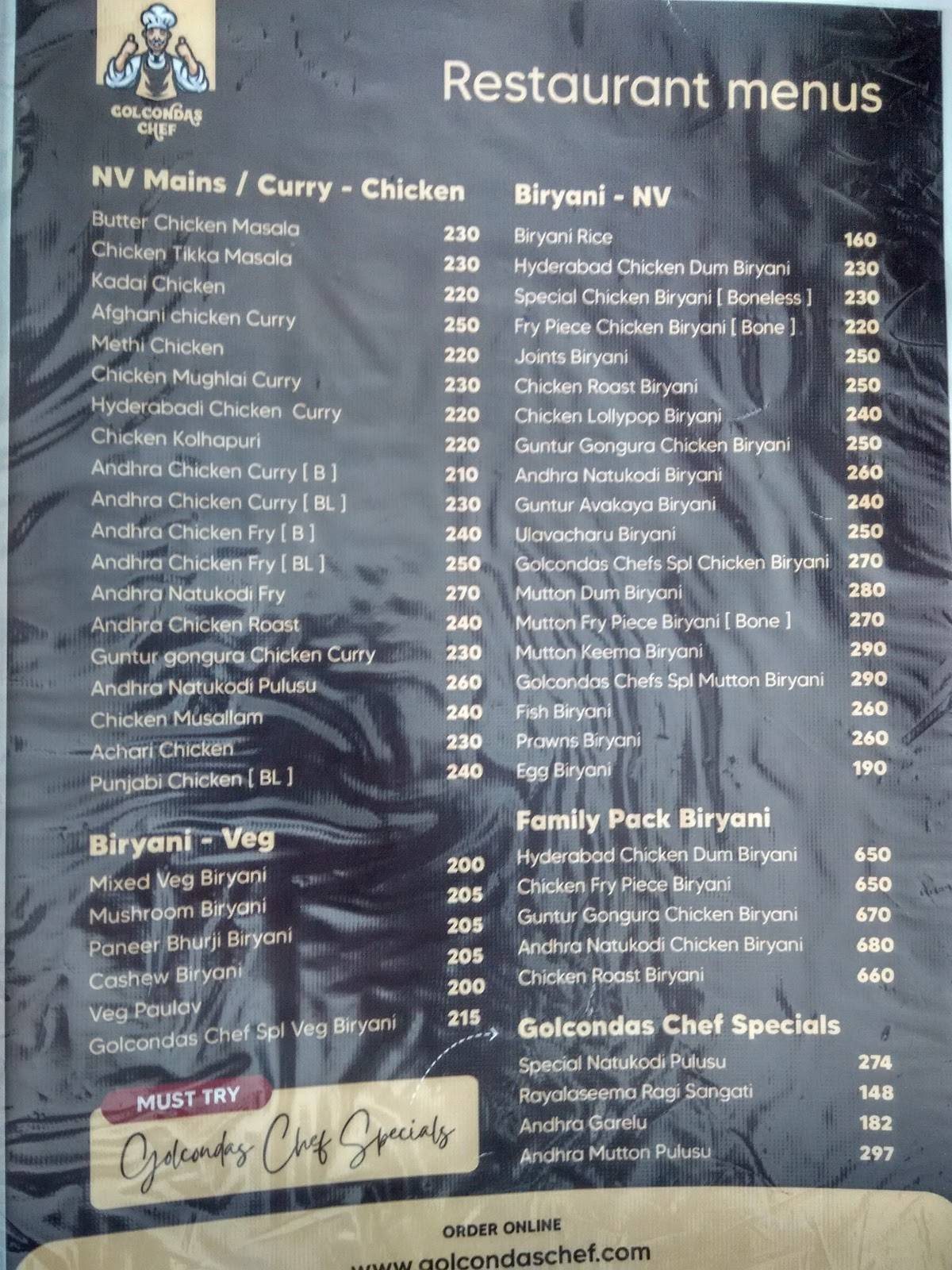 Menu at Golcondas Chef, Chennai