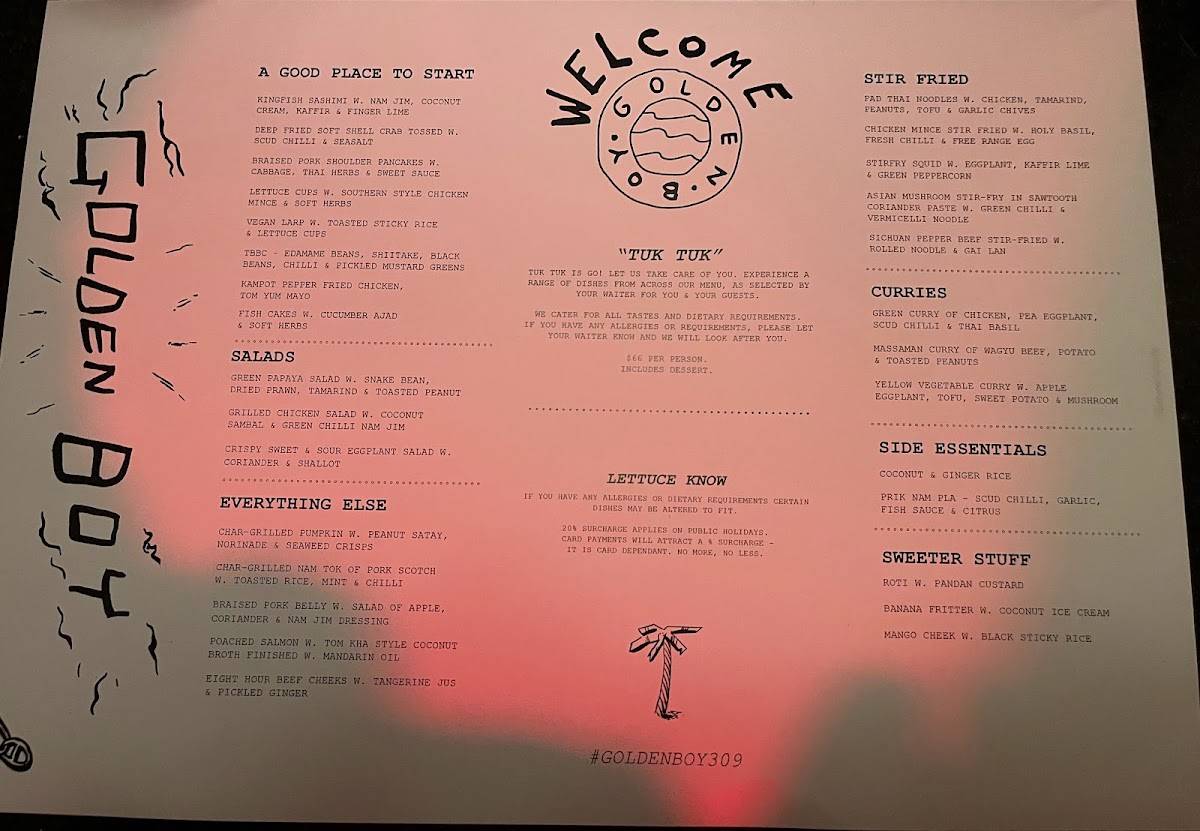Menu at Golden Boy restaurant, Adelaide